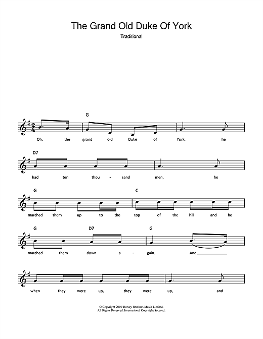 Traditional "The Grand Old Duke Of York" Sheet Music Notes | Download ...