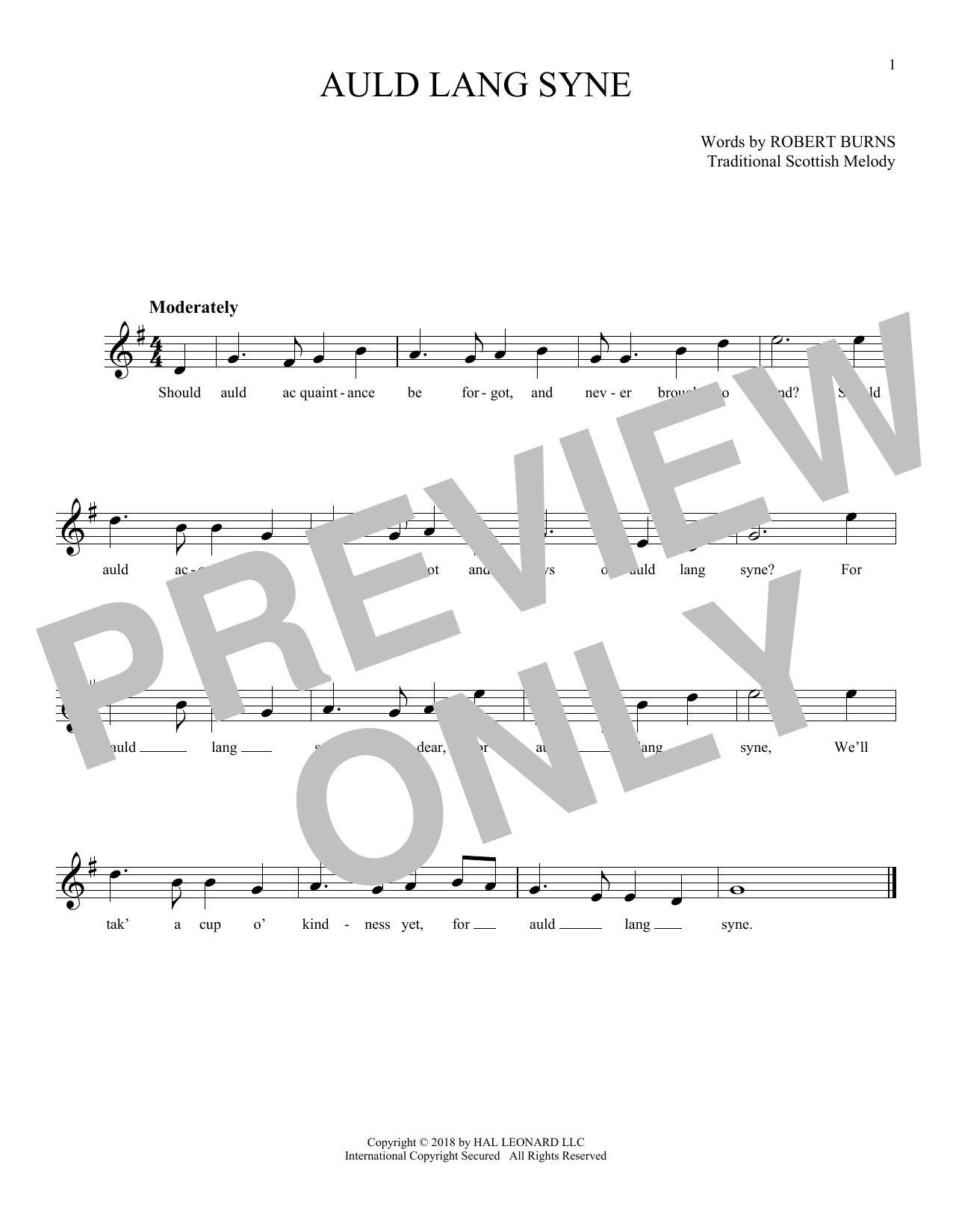 Traditional Scottish Melody "Auld Lang Syne" Sheet Music Notes ...