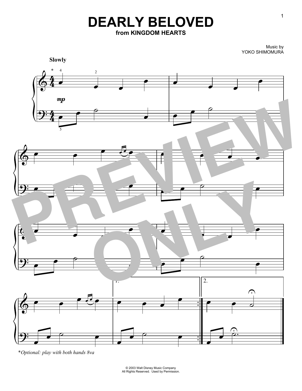 Yoko Shimomura "Dearly Beloved (from Kingdom Hearts)" Sheet Music Notes ...