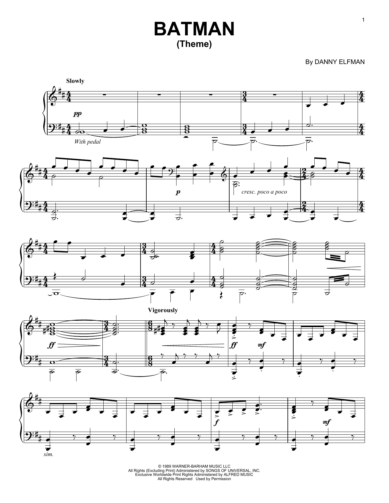 Danny Elfman "Batman Theme" Sheet Music Notes | Download Printable PDF ...