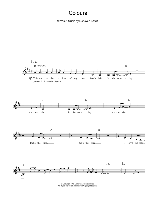 Donovan "Colours" Sheet Music & Chords | Download 2-Page Printable PDF ...