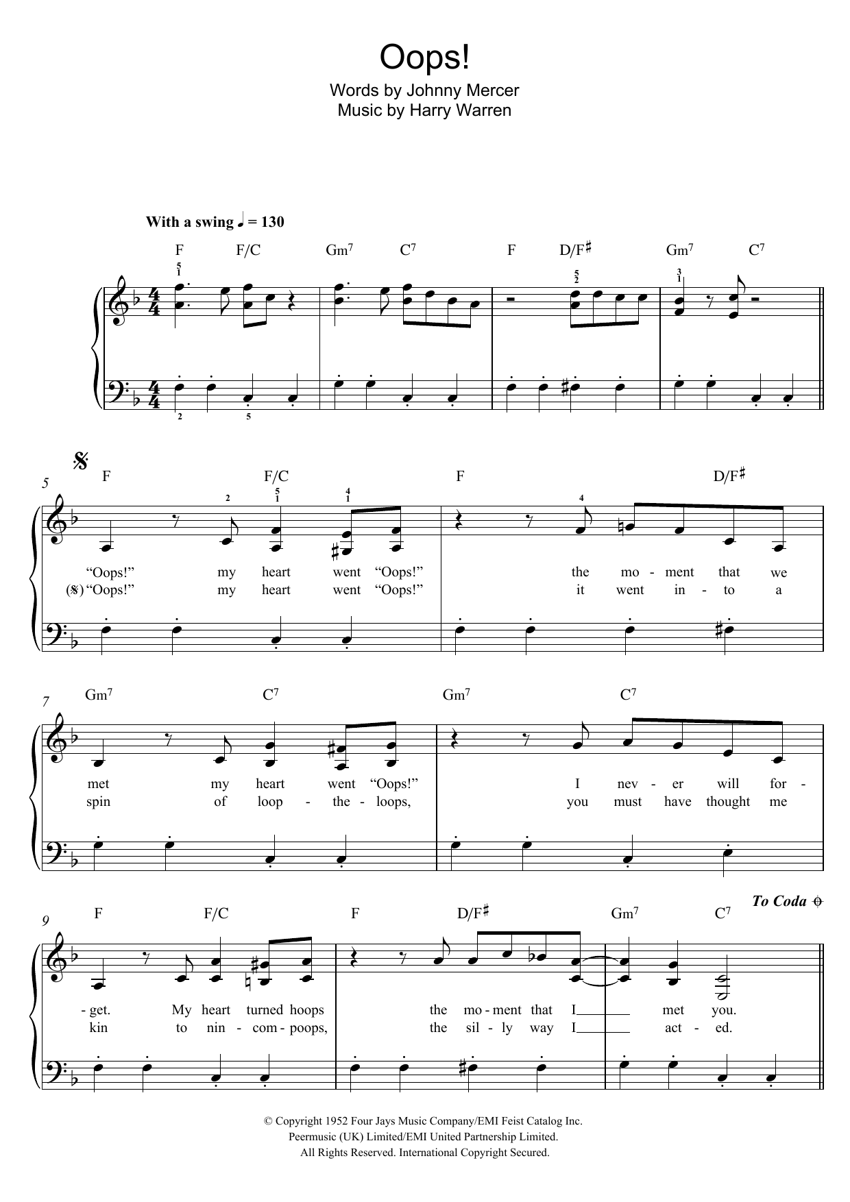 Doris Day "Oops!" Sheet Music & Chords | Download 4-Page Printable PDF ...