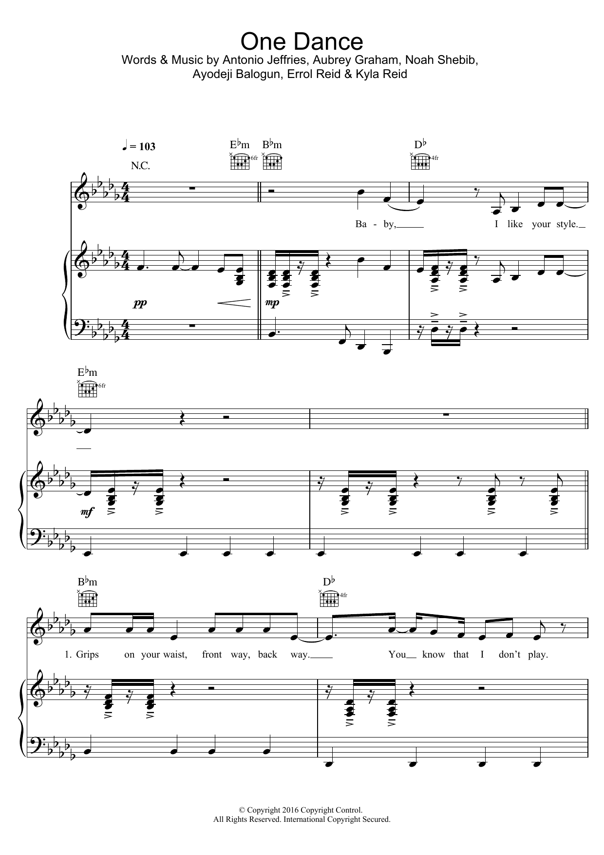 Drake "One Dance (featuring Wizkid and Kyla)" Sheet Music & Chords ...