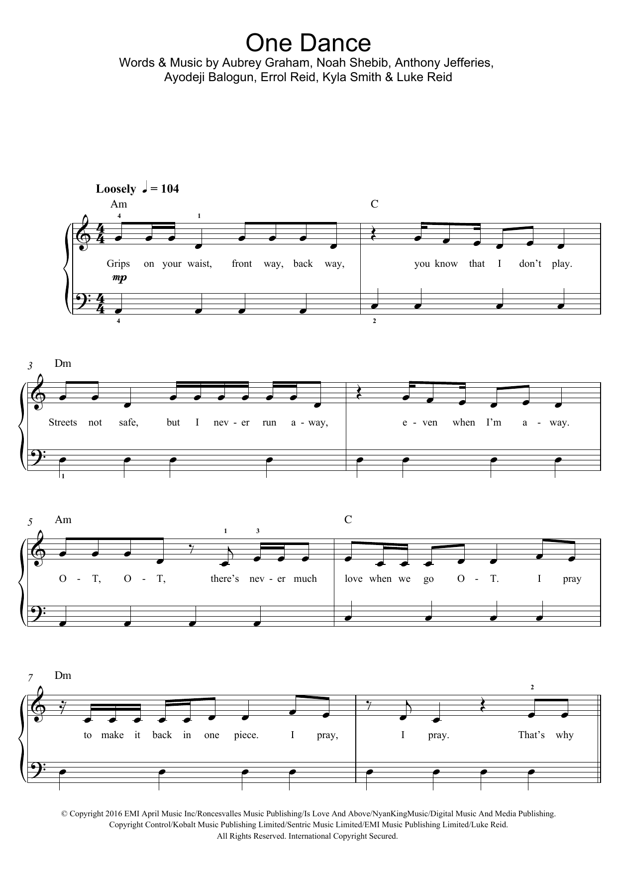 Drake "One Dance" Sheet Music & Chords | Download 2-Page Printable PDF ...
