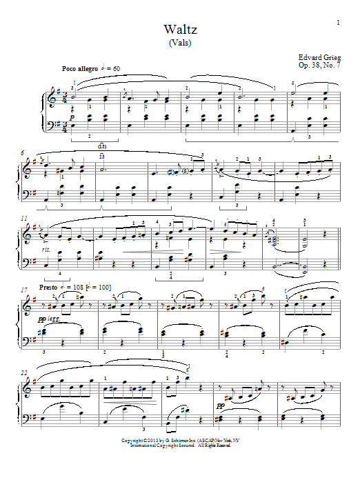 Edvard Grieg "Waltz (Vals), Op. 38, No. 7" Sheet Music & Chords | Download 2-Page Printable PDF ...