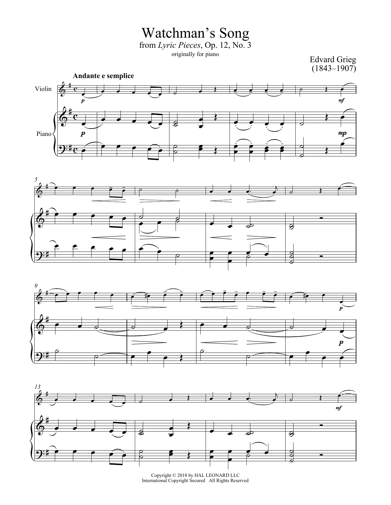 Edvard Grieg "Watchman's Song, Op. 12, No. 3" Sheet Music & Chords ...
