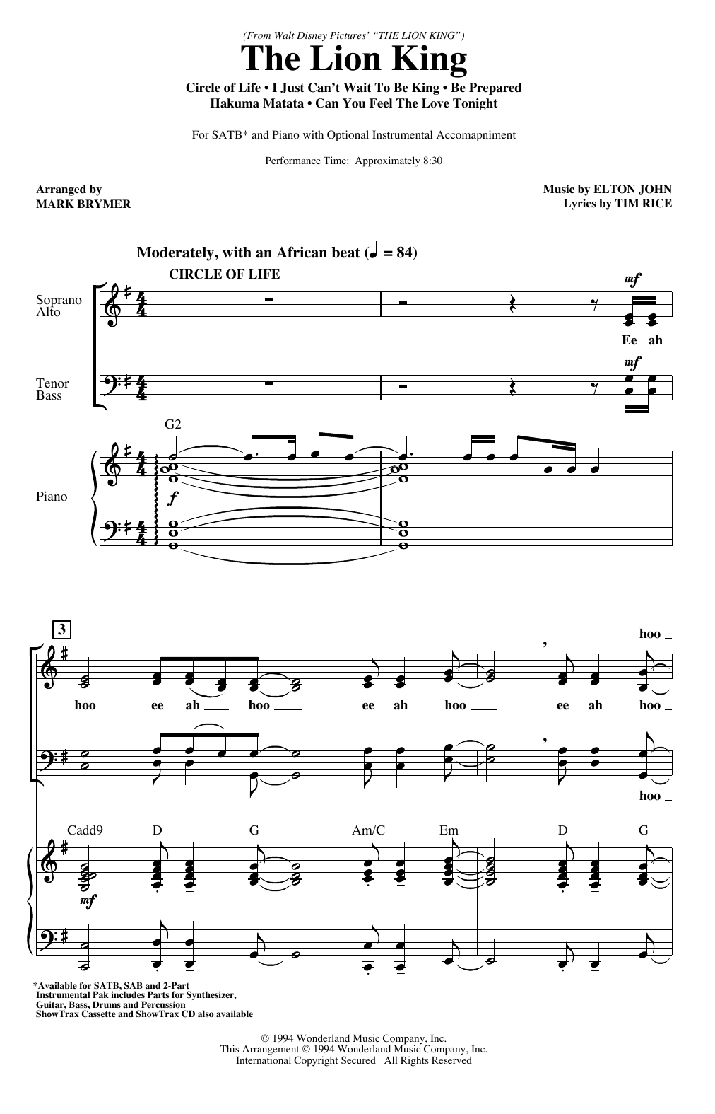 Elton John "The Lion King (Medley) (arr. Mark Brymer)" Sheet Music ...
