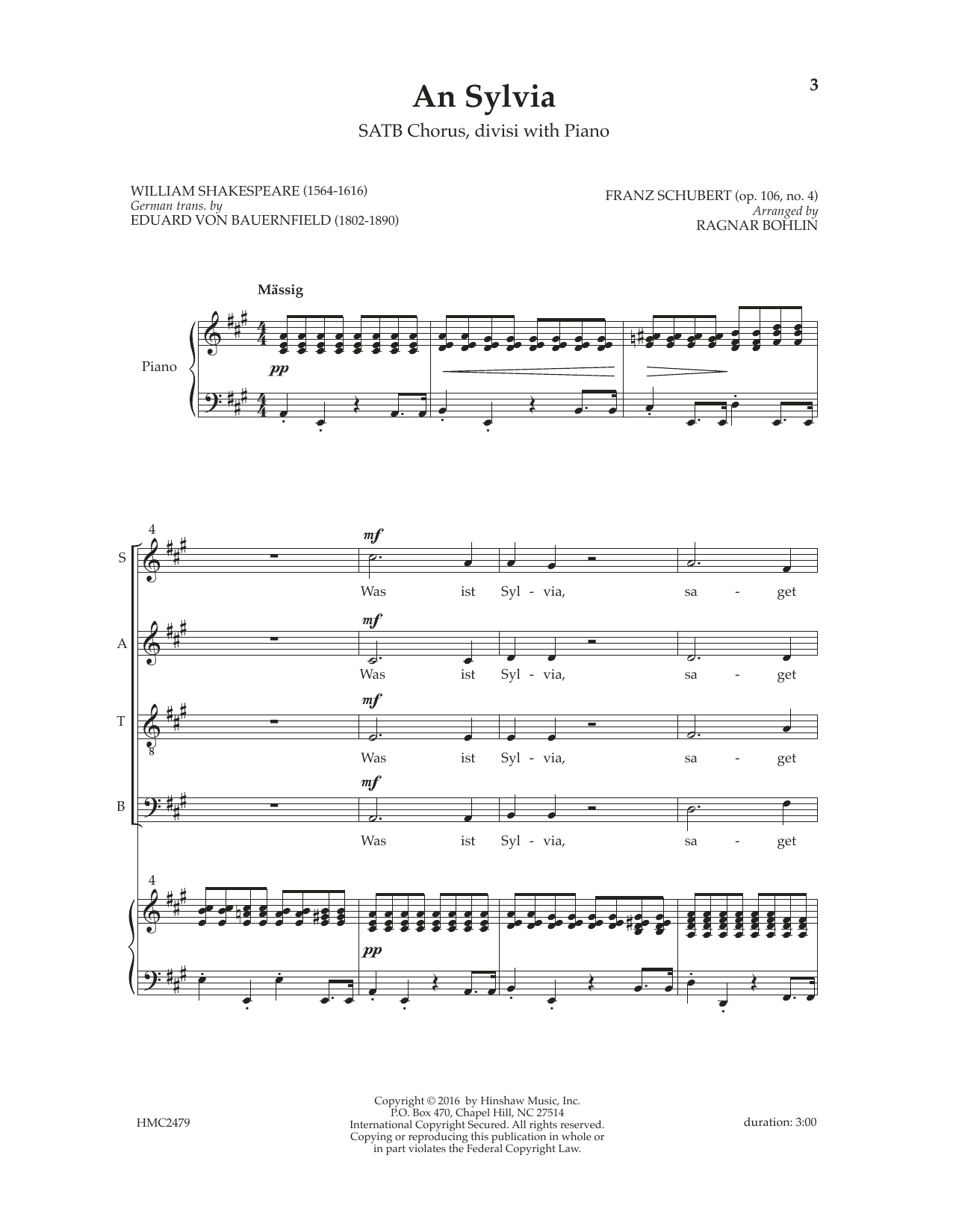Franz Schubert "An Sylvia (op. 106, No. 4) (arr. Ragnar Bohlin)" Sheet ...