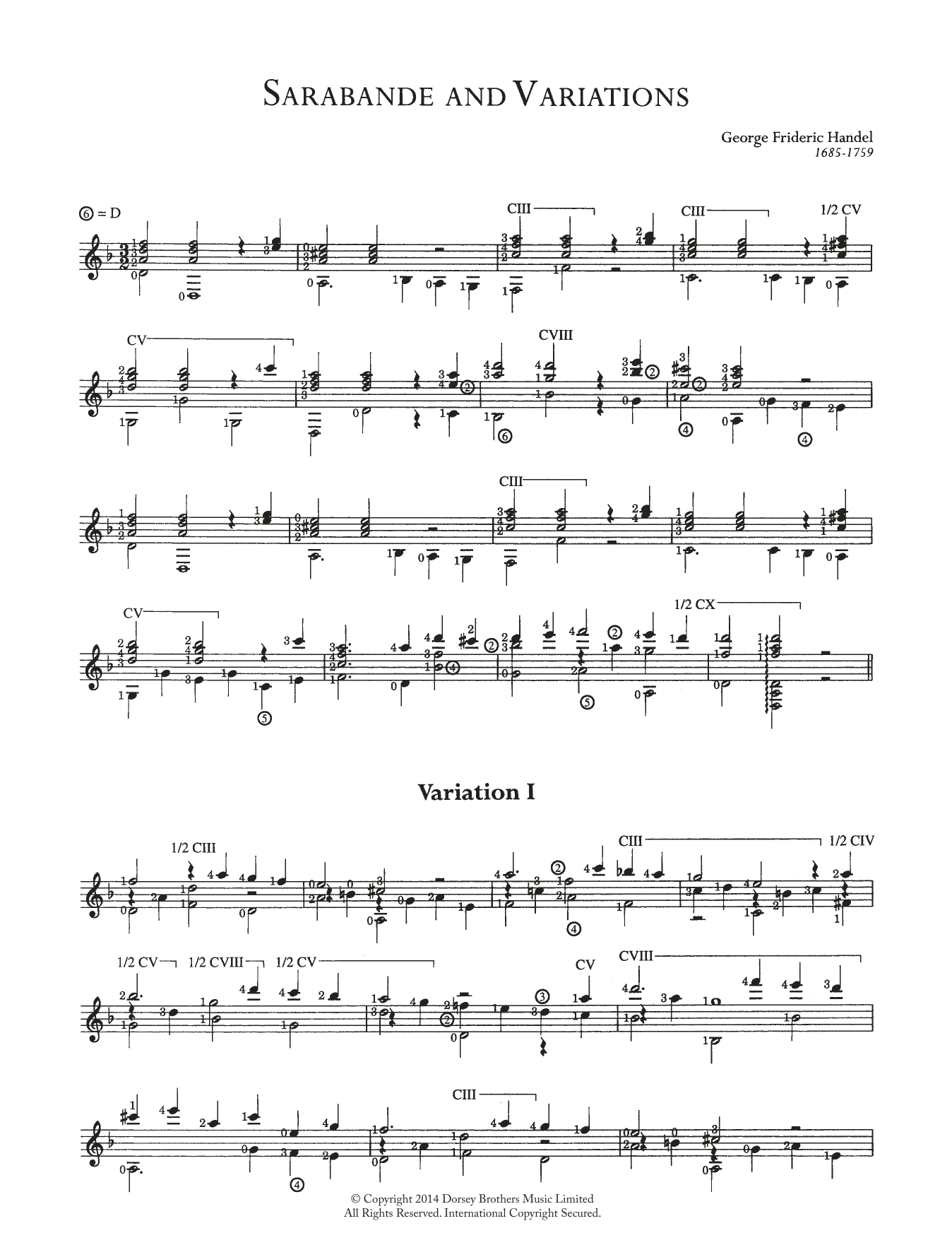 George Frideric Handel "Sarabande And Variations" Sheet Music Notes ...