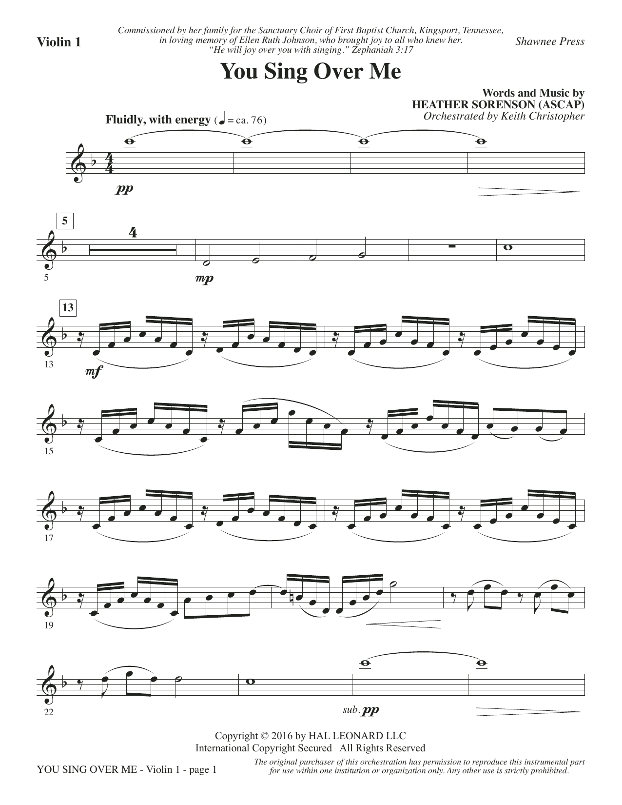 Heather Sorenson "You Sing Over Me - Violin 1" Sheet Music Notes ...