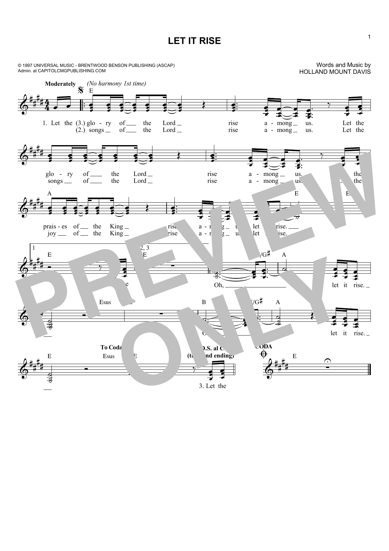 Holland Mount Davis "Let It Rise" Sheet Music Notes | Download ...