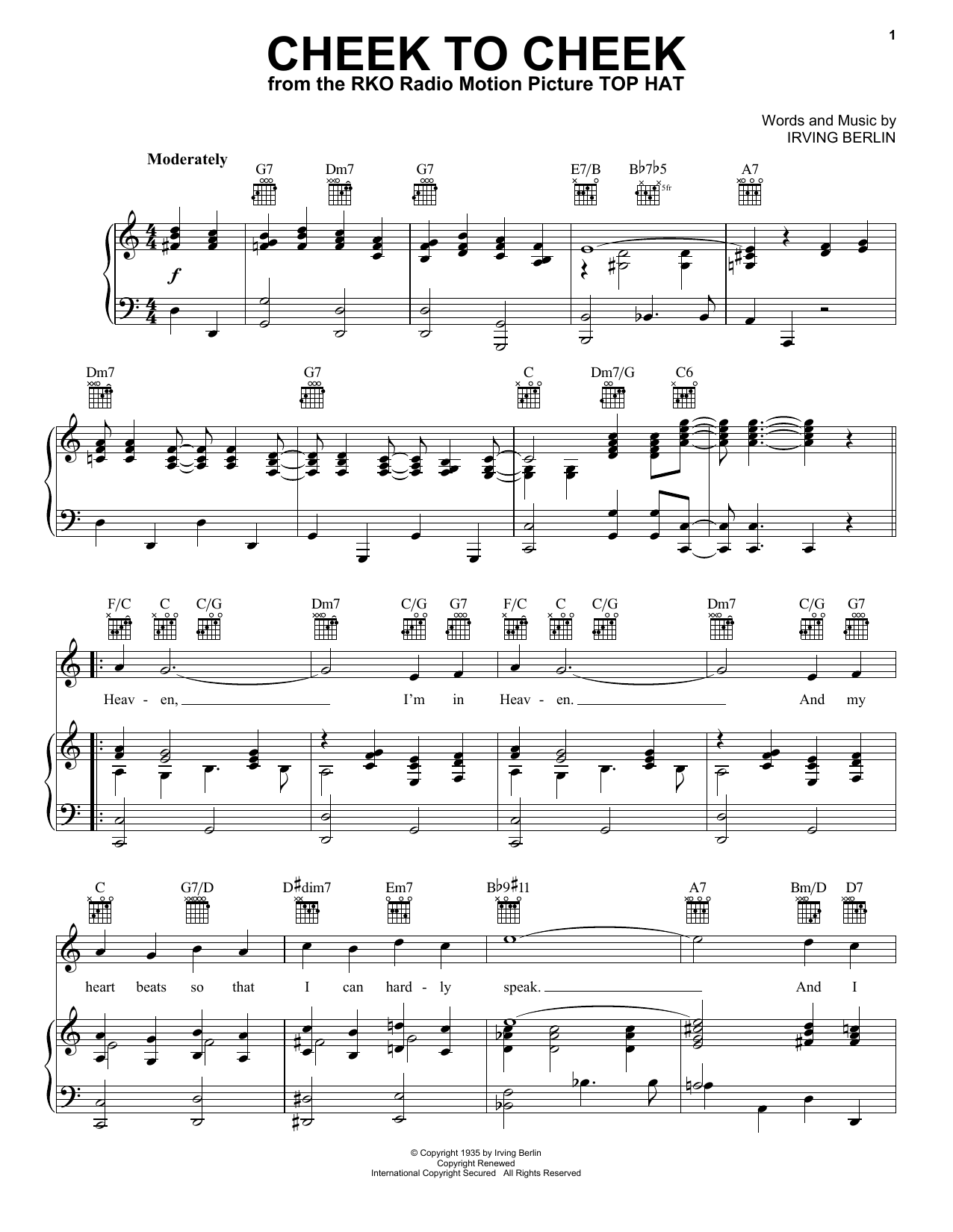 Irving Berlin "Cheek To Cheek" Sheet Music & Chords | Download 3-Page ...