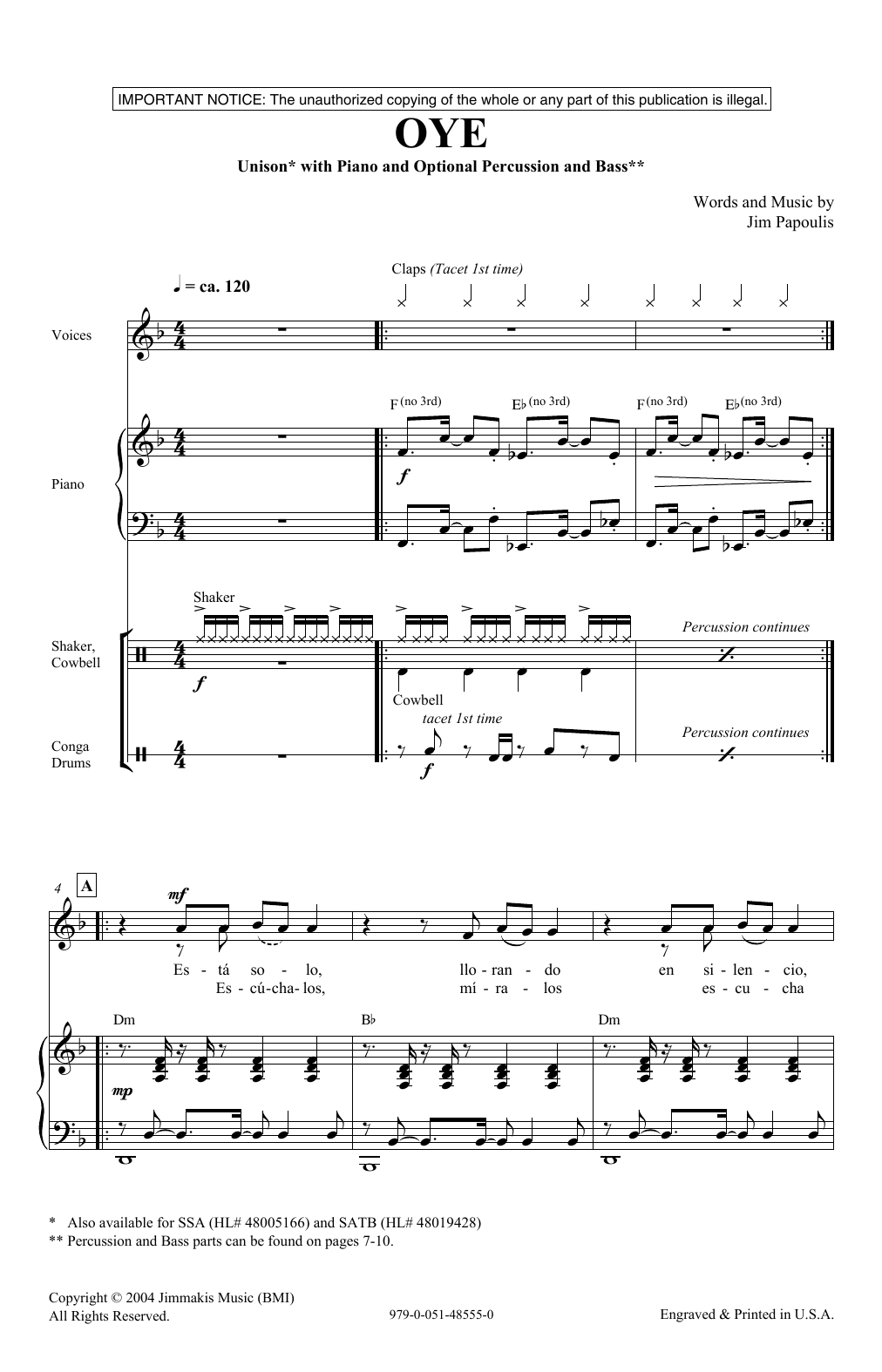 Jim Papoulis "Oye" Sheet Music & Chords | Download 10-Page Printable PDF Unison Choir Score 432752