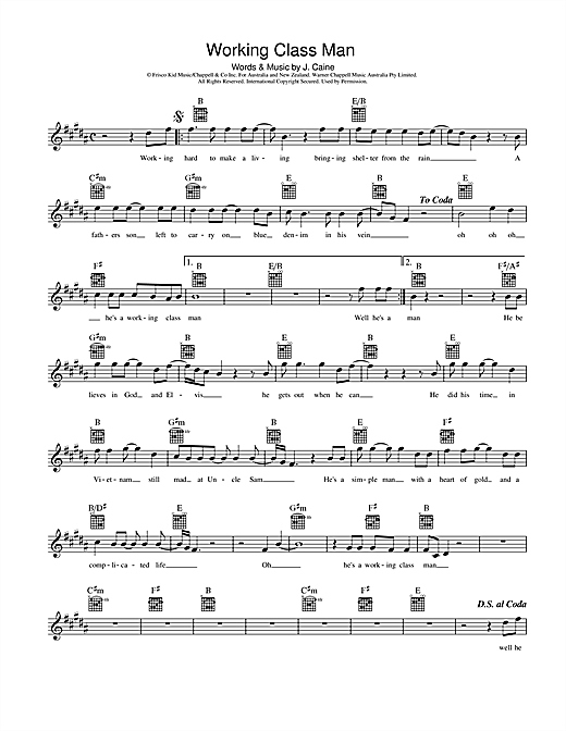 Jimmy Barnes "Working Class Man" Sheet Music & Chords | Download 2-Page ...