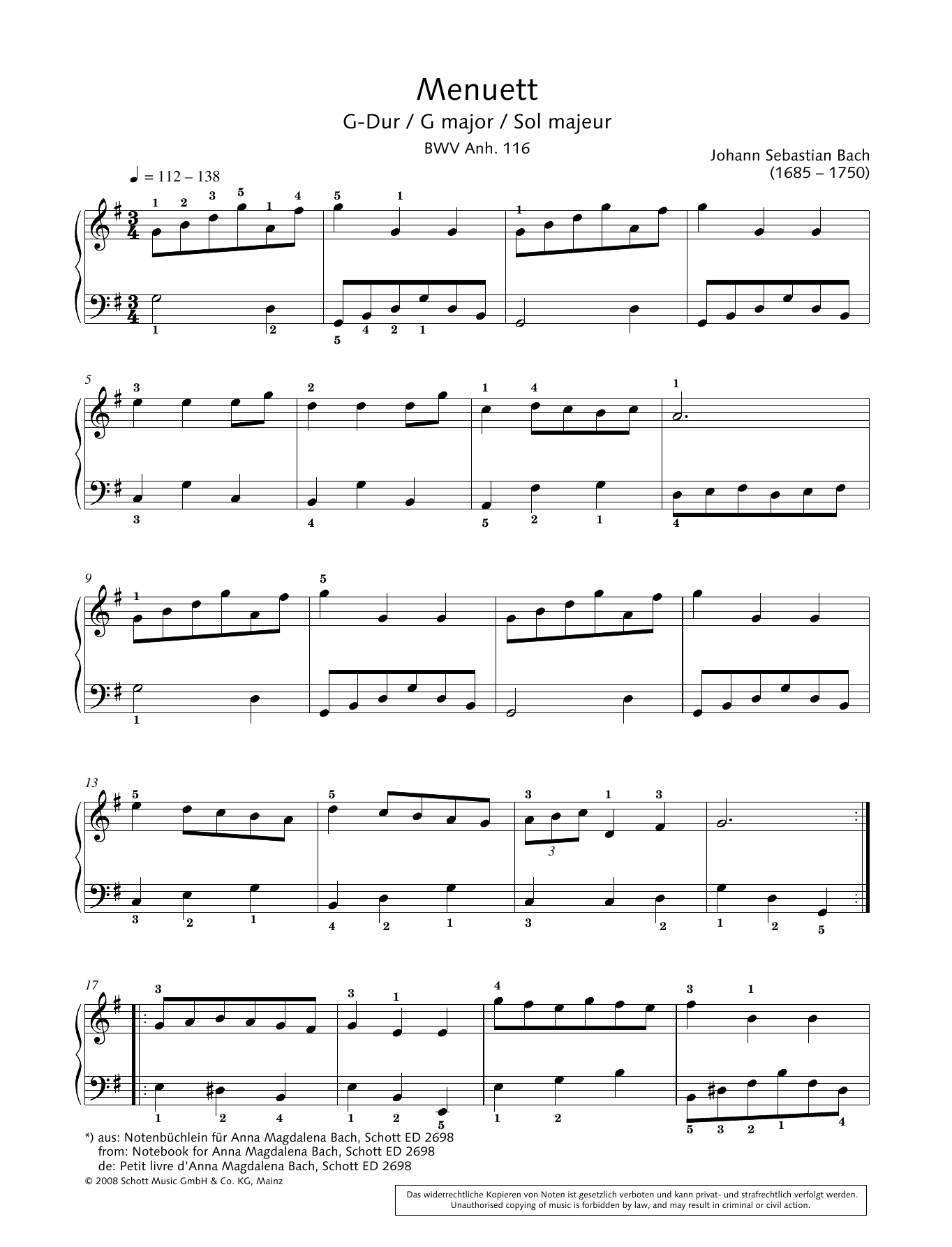 Johann Sebastian Bach "Minuet in G major, BWV Anh. 116" Sheet Music & Chords | Download 2-Page ...