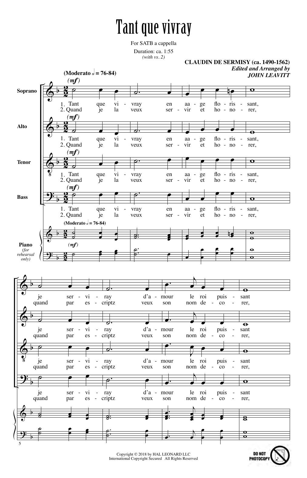 John Leavitt "Tant Que Vivray" Sheet Music Notes | Download Printable ...