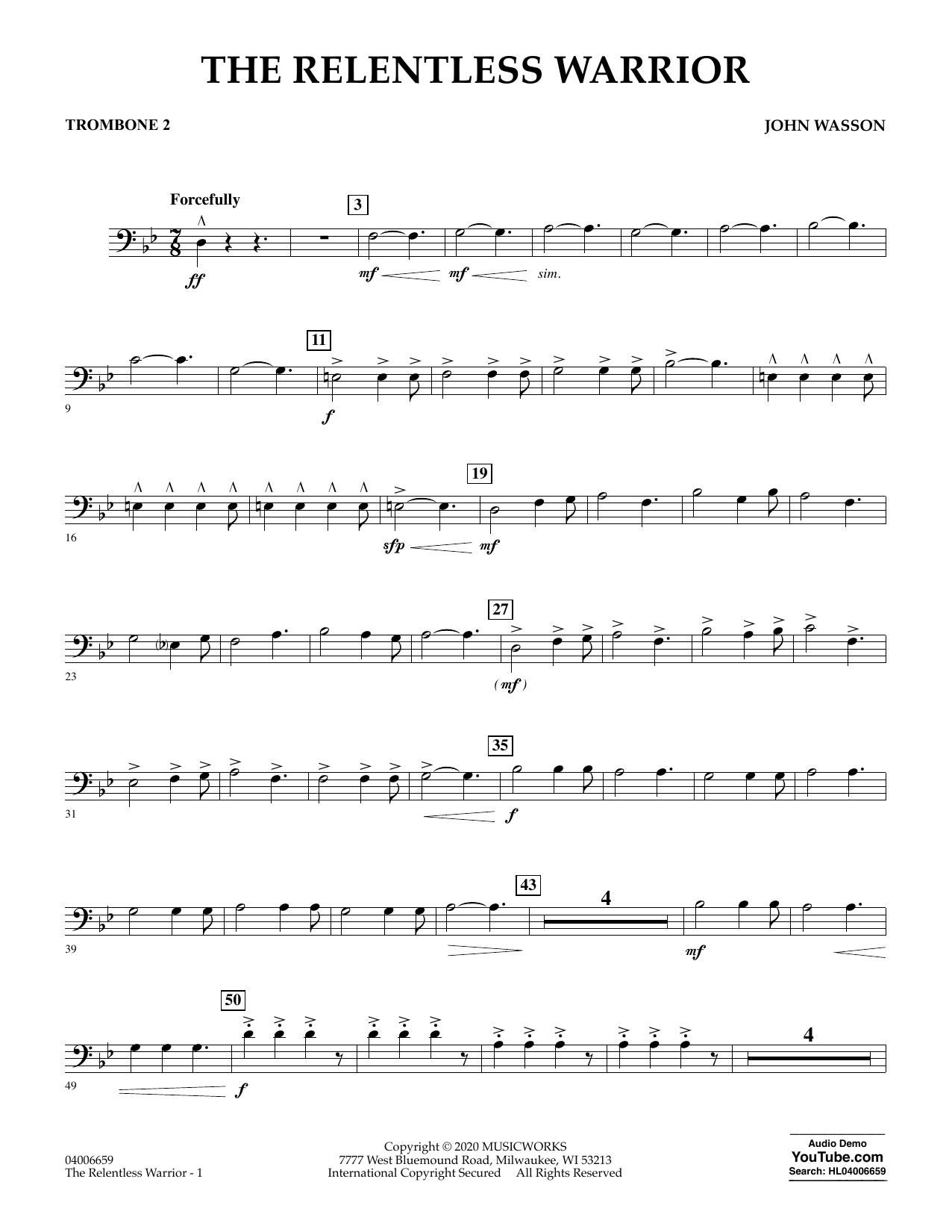 John Wasson "The Relentless Warrior - Trombone 2" Sheet Music Notes ...