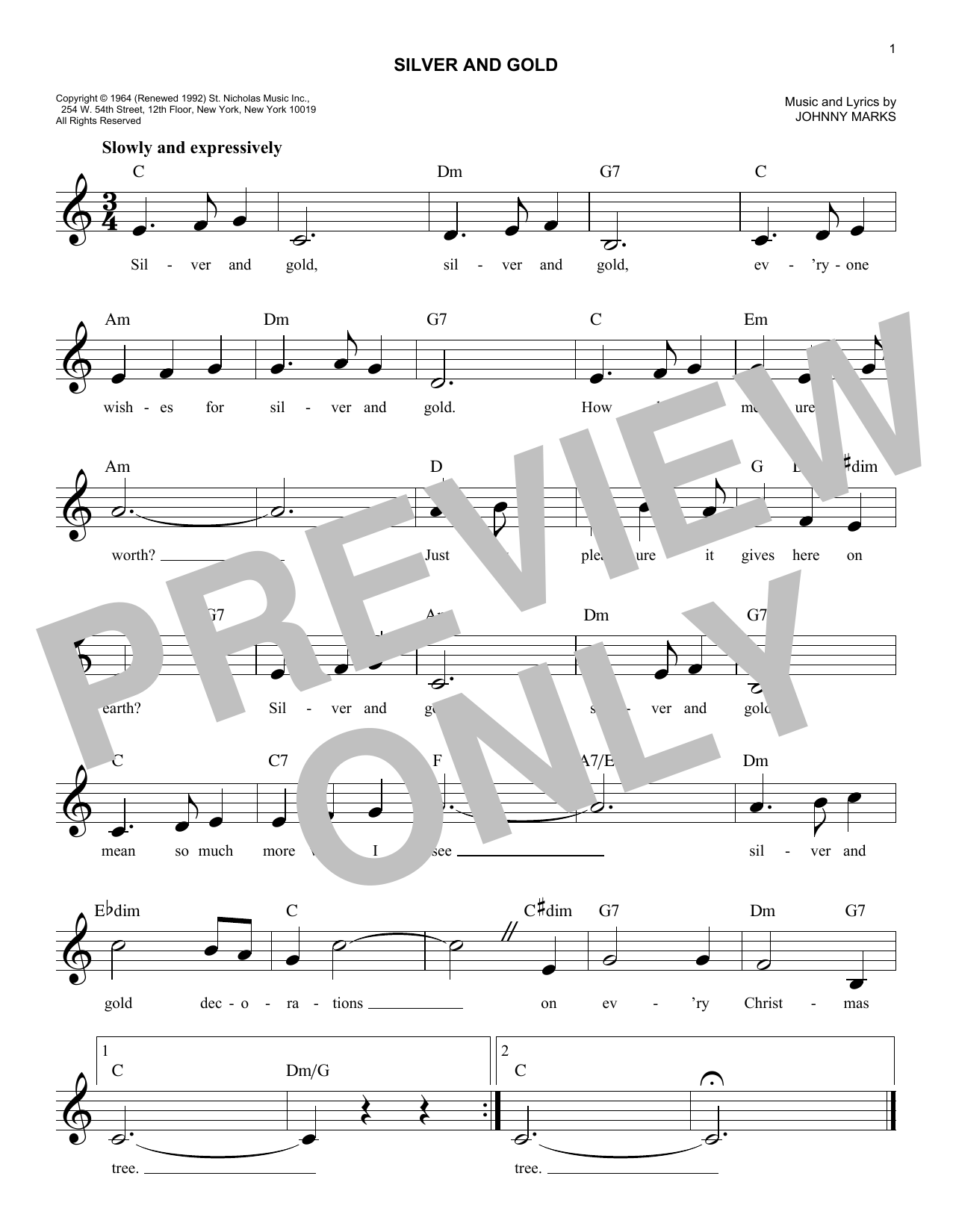 Johnny Marks "Silver And Gold" Sheet Music Notes | Download Printable ...