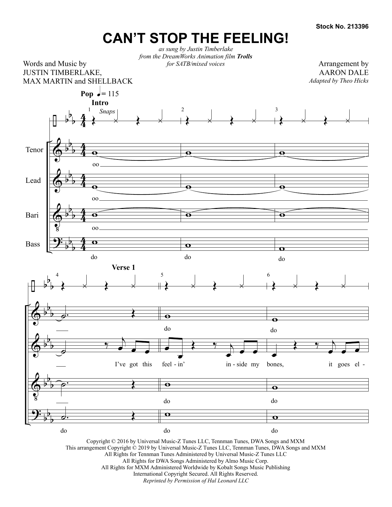 Justin Timberlake "Can't Stop The Feeling! (from Trolls) (arr. Aaron Dale)" Sheet Music & Chords ...