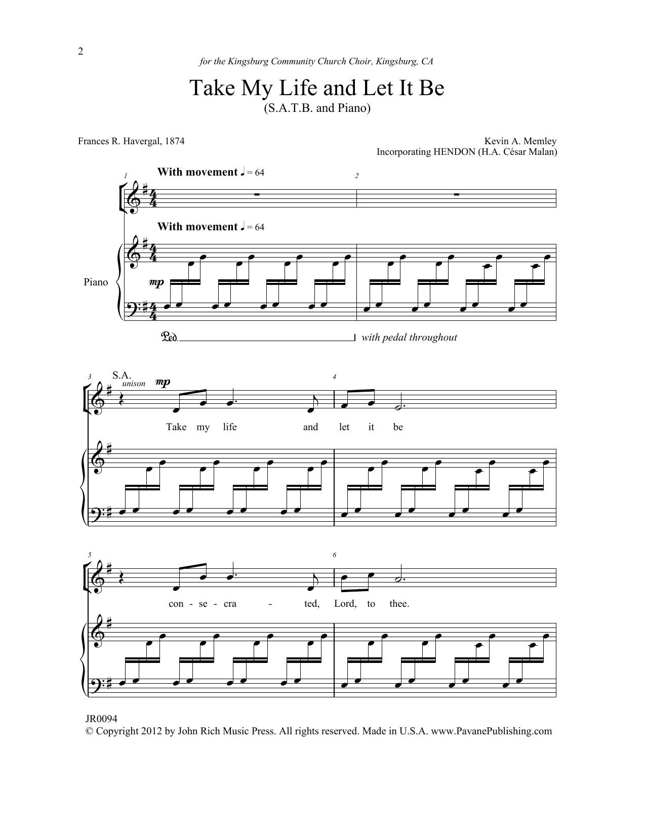 Kevin A. Memley "Take My Life and Let It Be" Sheet Music Notes ...