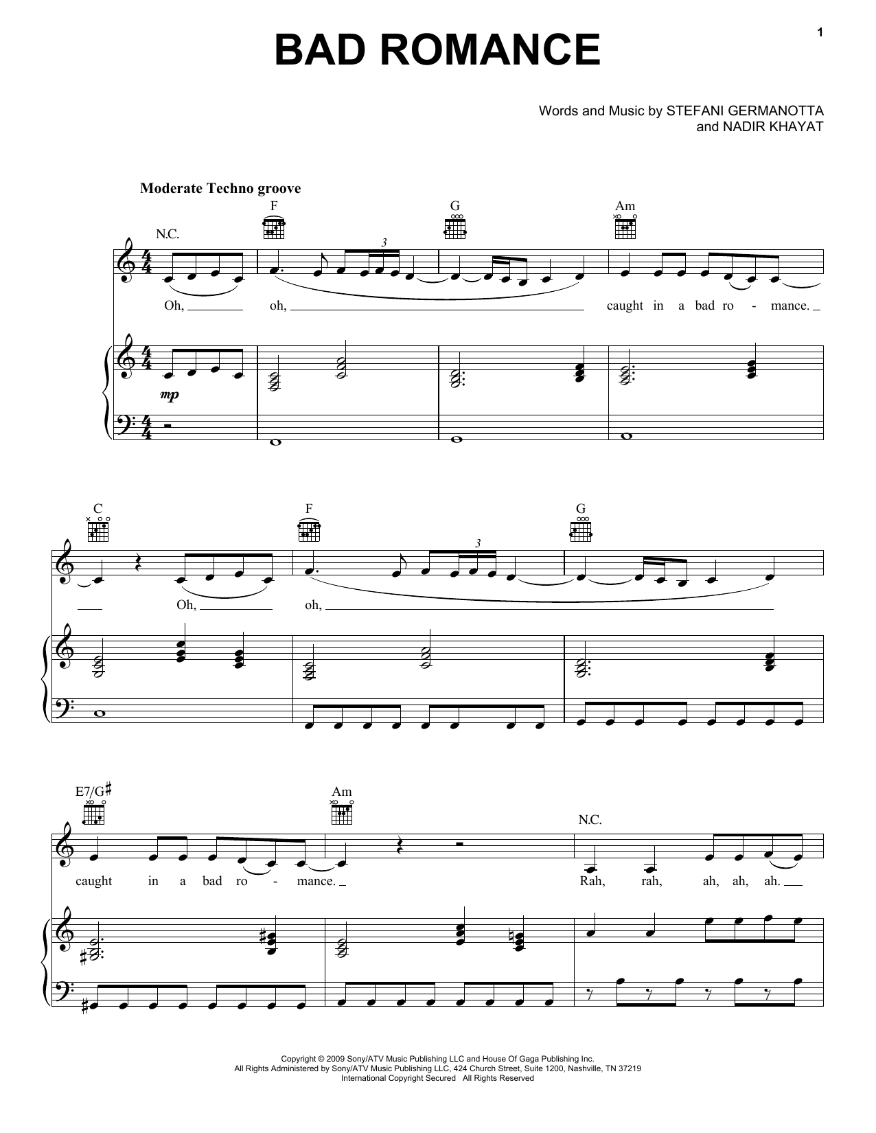 Lady Gaga "Bad Romance" Sheet Music & Chords | Download 4-Page Printable PDF Piano Solo Score 92531