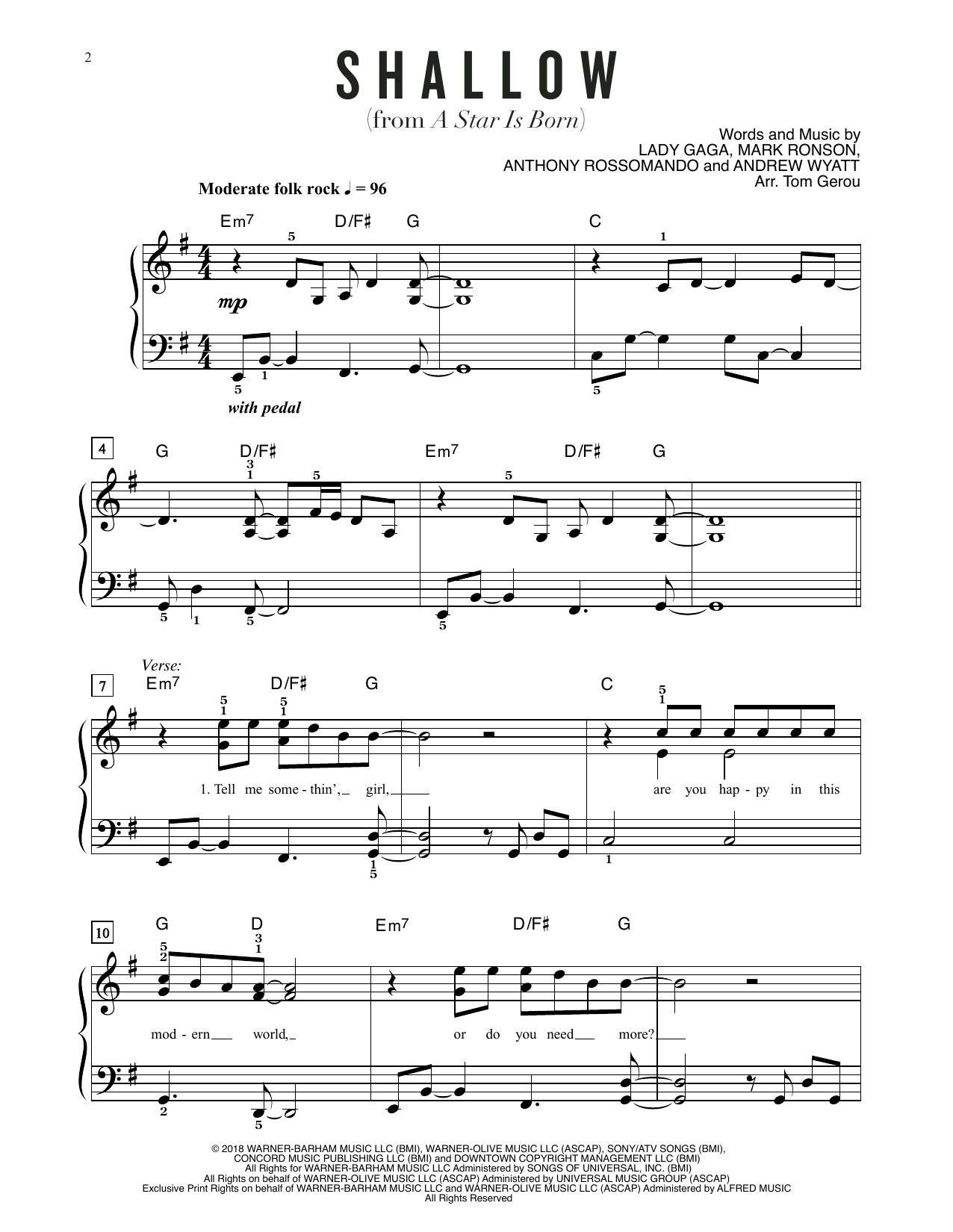 Lady Gaga "Shallow (from A Star Is Born) (arr. Tom Gerou)" Sheet Music ...
