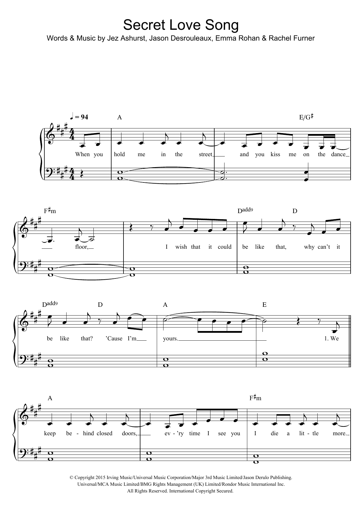 Little Mix "Secret Love Song (featuring Jason Derulo)" Sheet Music ...