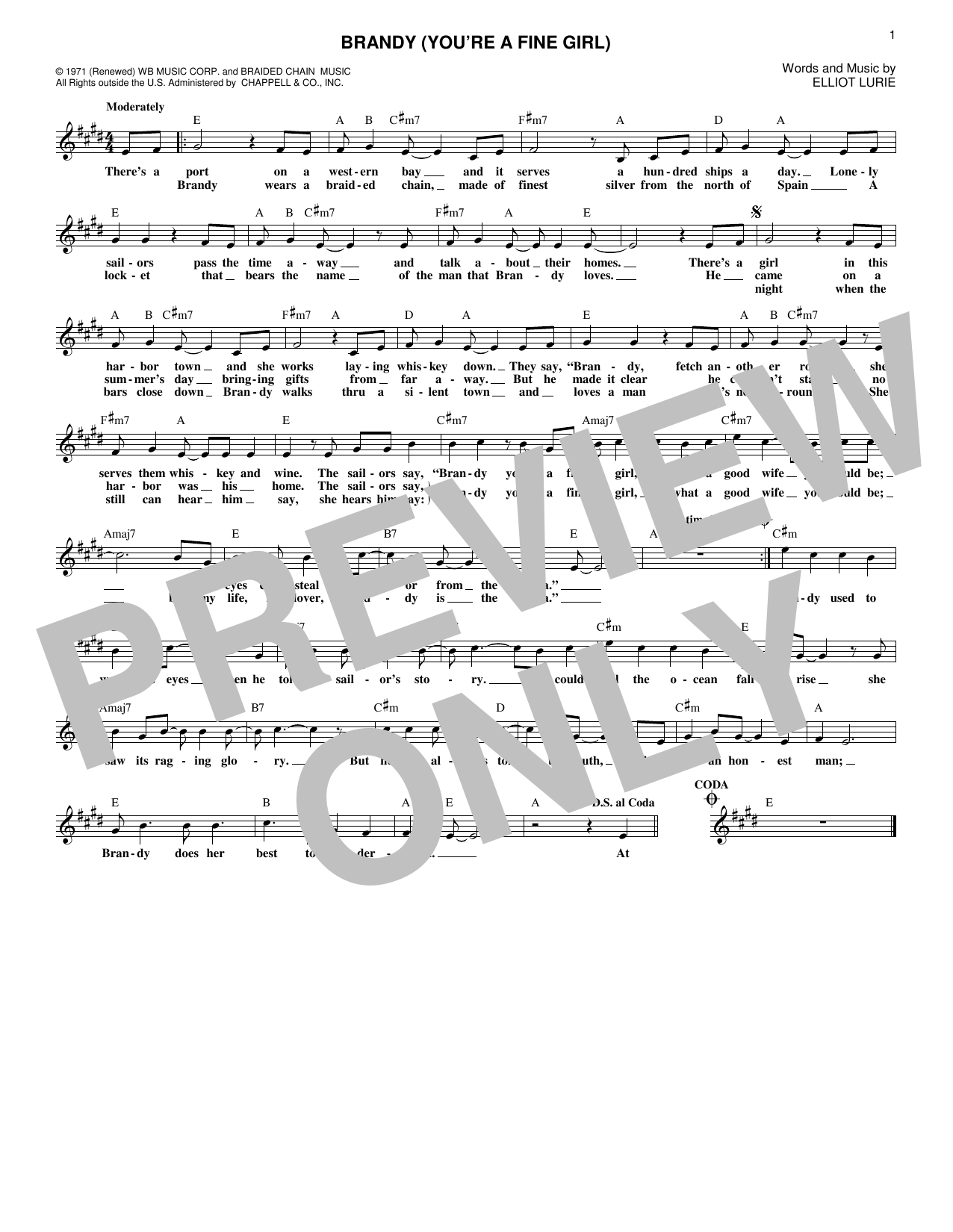 Looking Glass "Brandy (You're A Fine Girl)" Sheet Music & Chords ...