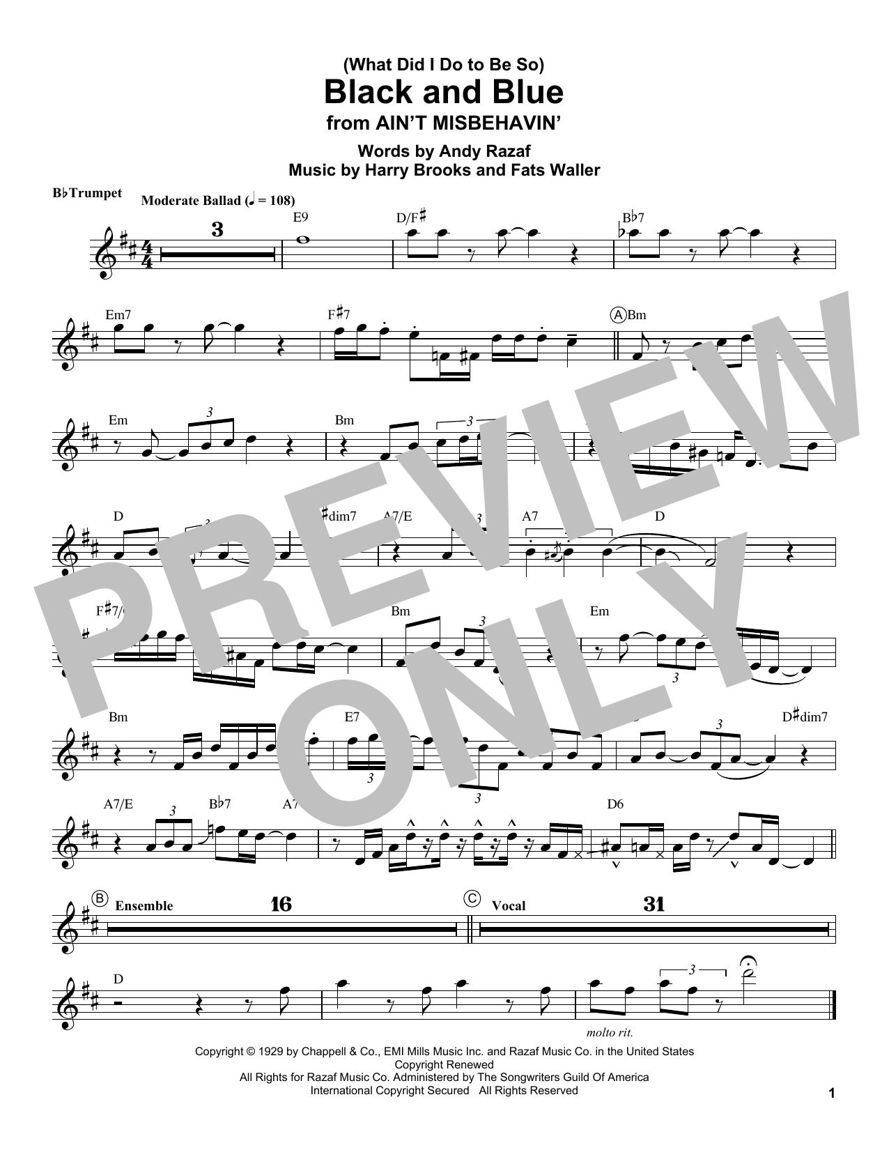 Louis Armstrong "(What Did I Do To Be So) Black And Blue" Sheet Music ...