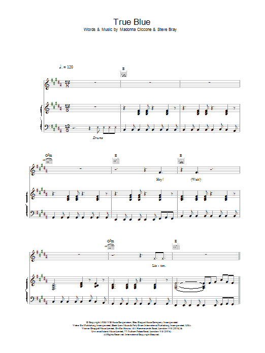 Madonna "True Blue" Sheet Music & Chords | Download 2-Page Printable ...