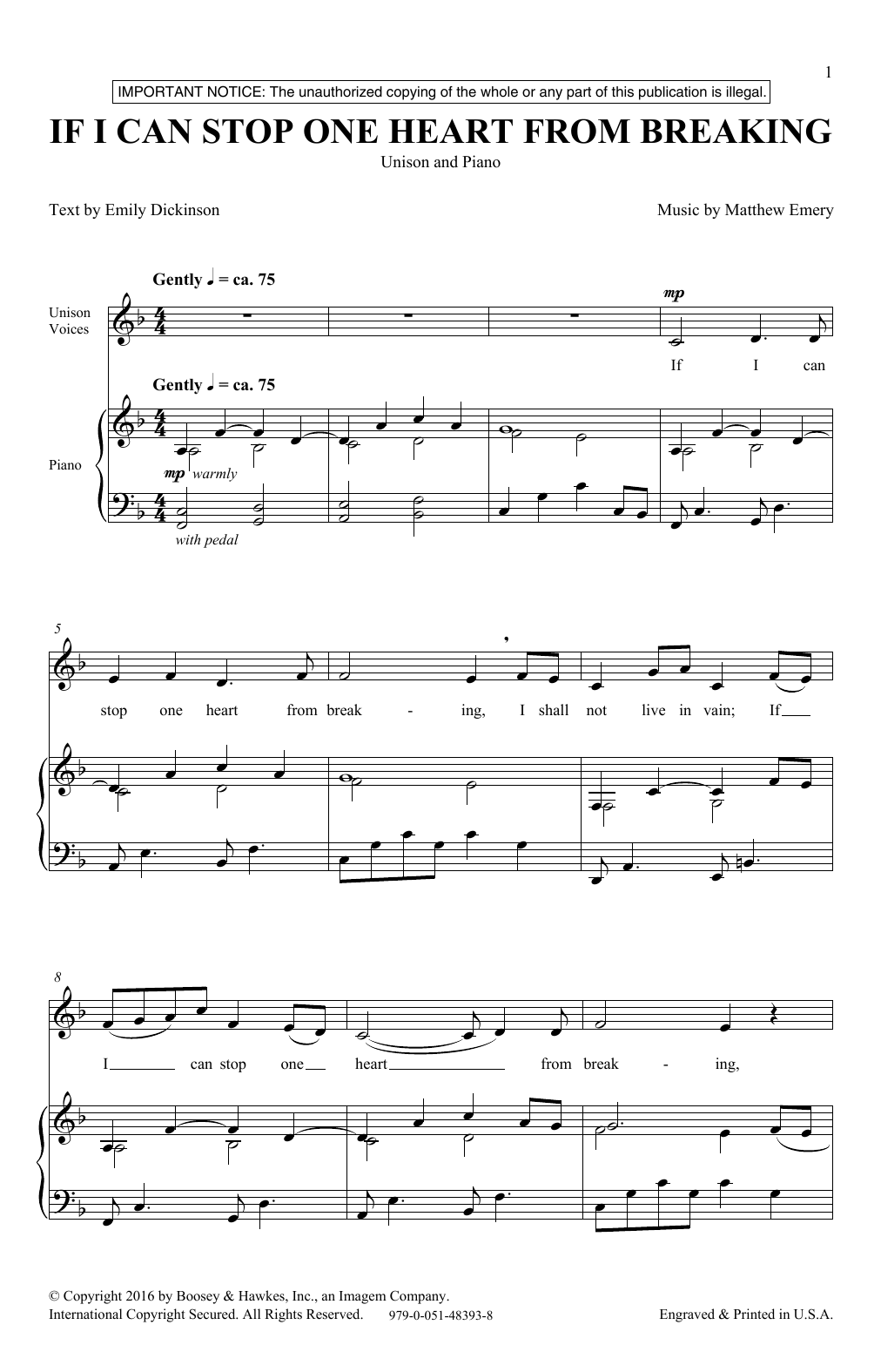 Matthew Emery "If I Can Stop One Heart From Breaking" Sheet Music ...