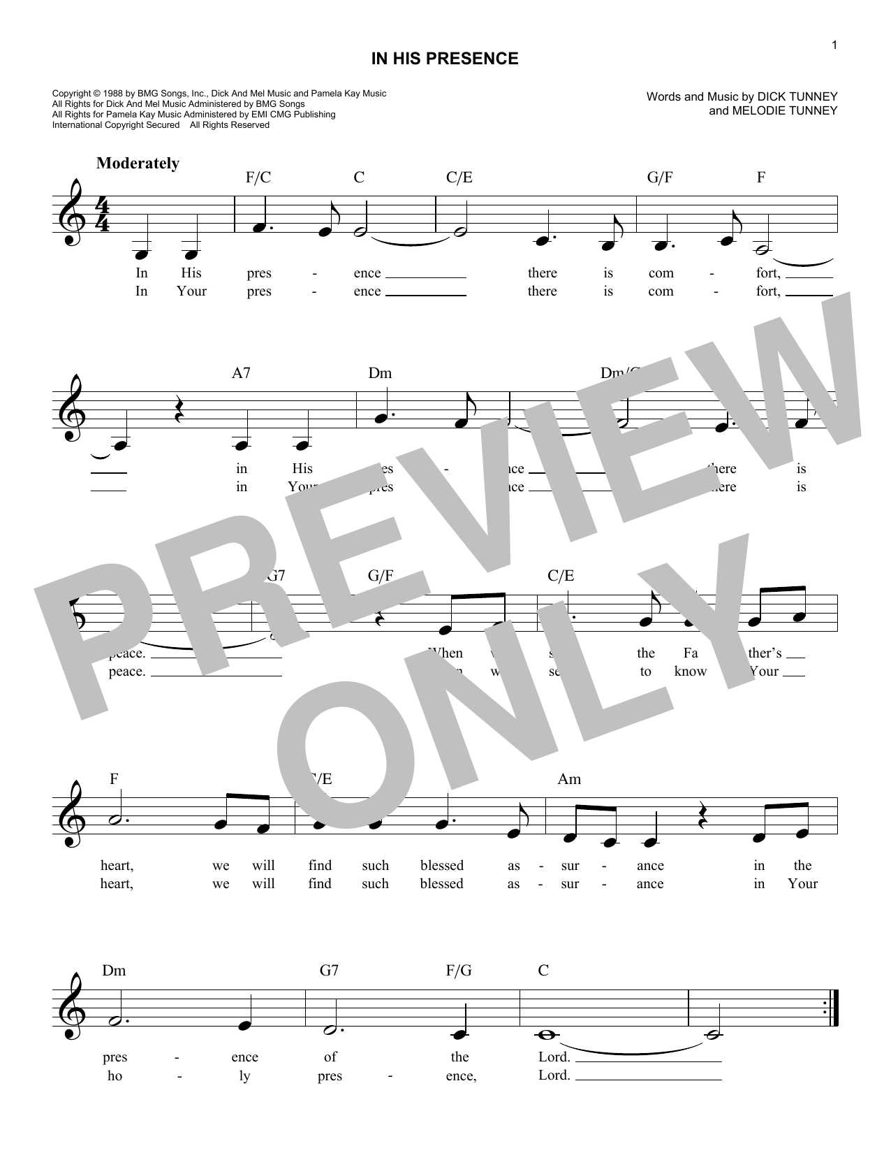 Dick & Mel Tunney "In His Presence" Sheet Music Notes | Download ...