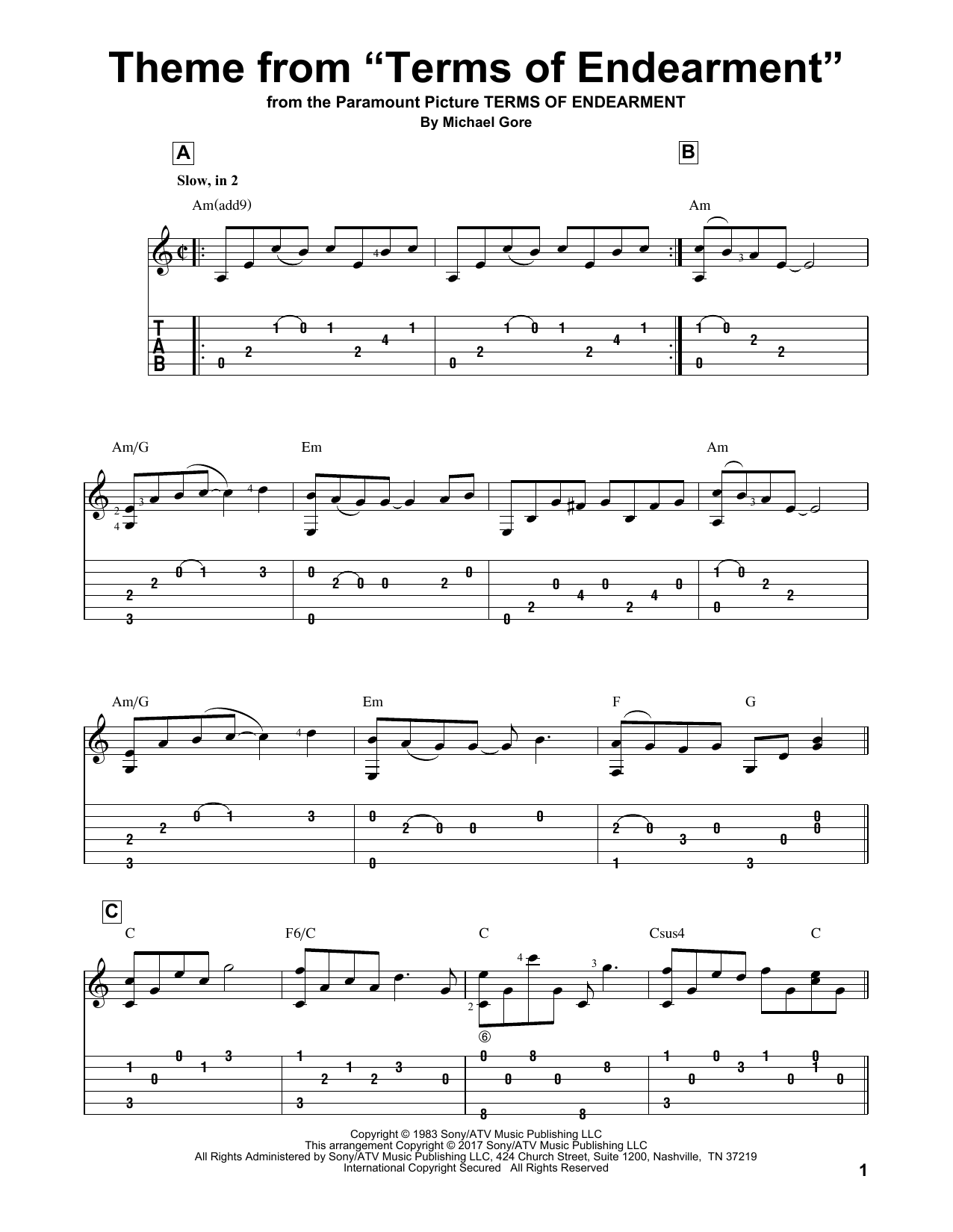 Michael Gore "Theme From "Terms Of Endearment"" Sheet Music Notes ...