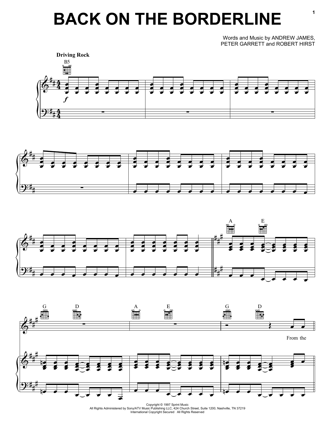 Midnight Oil "Back On The Borderline" Sheet Music Notes | Download ...