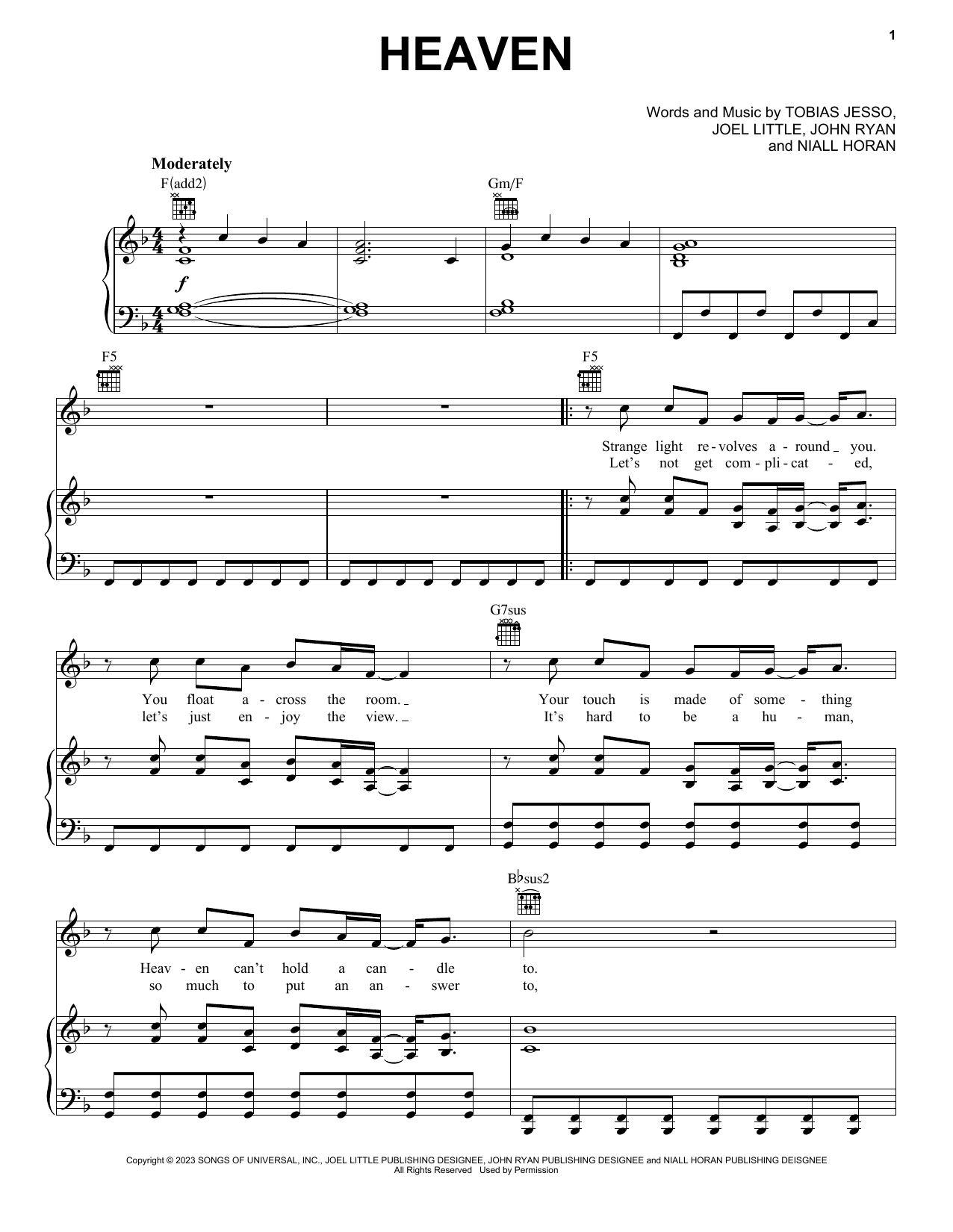 Niall Horan "Heaven" Sheet Music Notes | Download Printable PDF Score ...