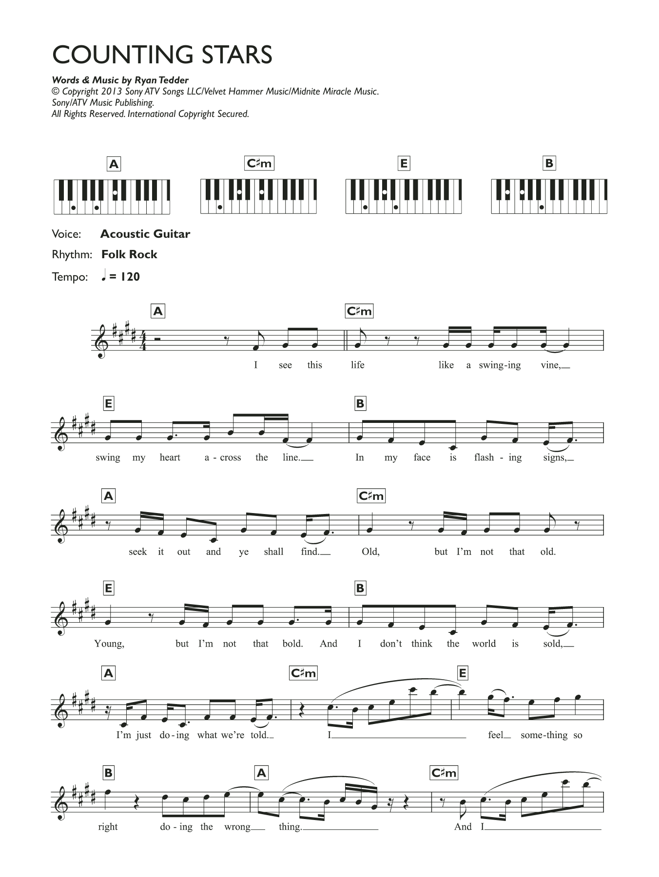 OneRepublic "Counting Stars" Sheet Music & Chords | Download 3-Page ...