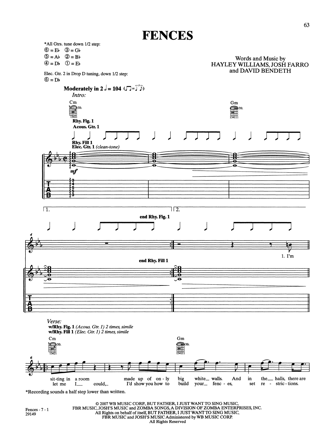 Paramore "Fences" Sheet Music & Chords | Download 7-Page Printable PDF ...