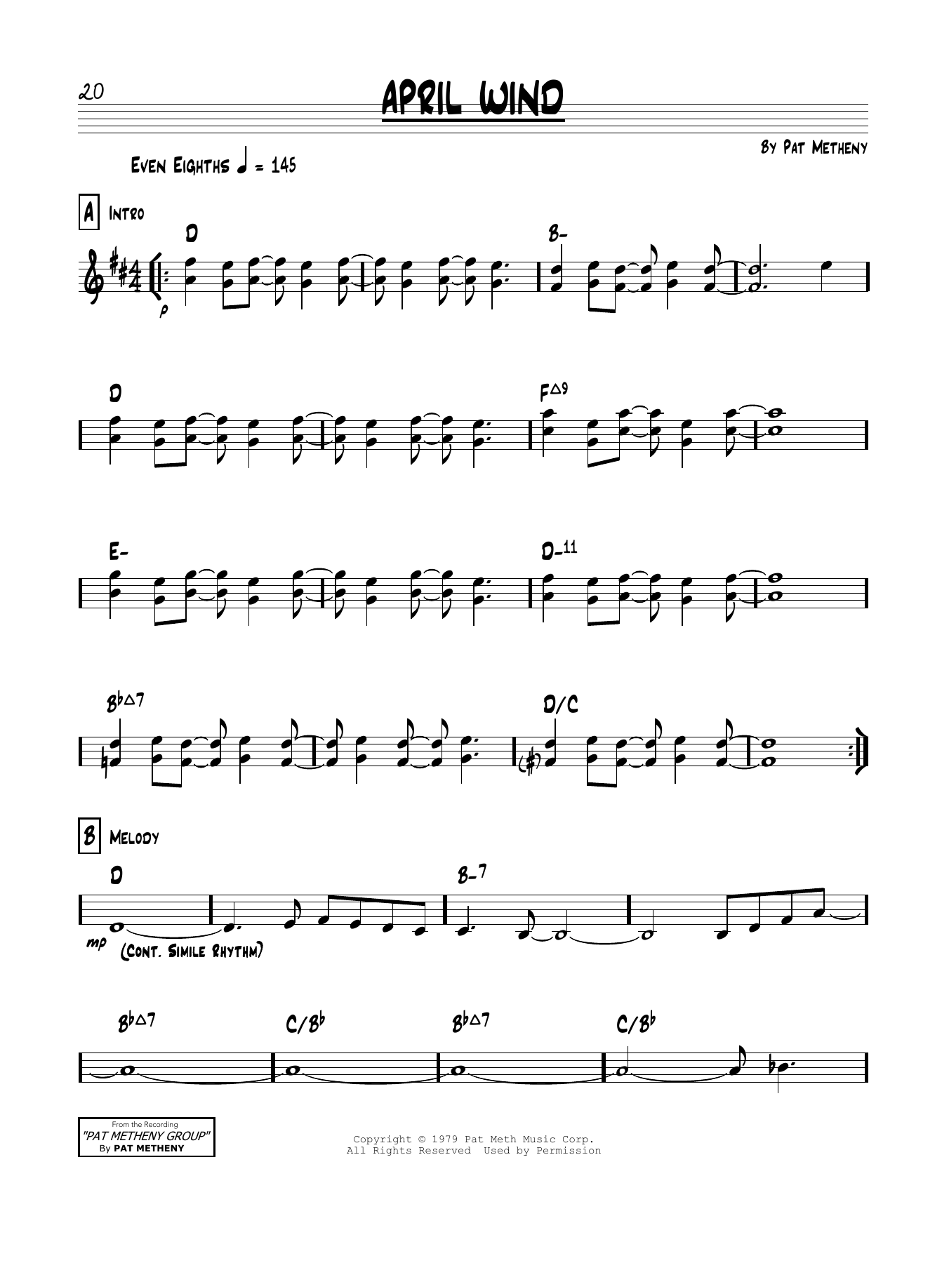 Pat Metheny "April Wind" Sheet Music & Chords | Download 2-Page ...