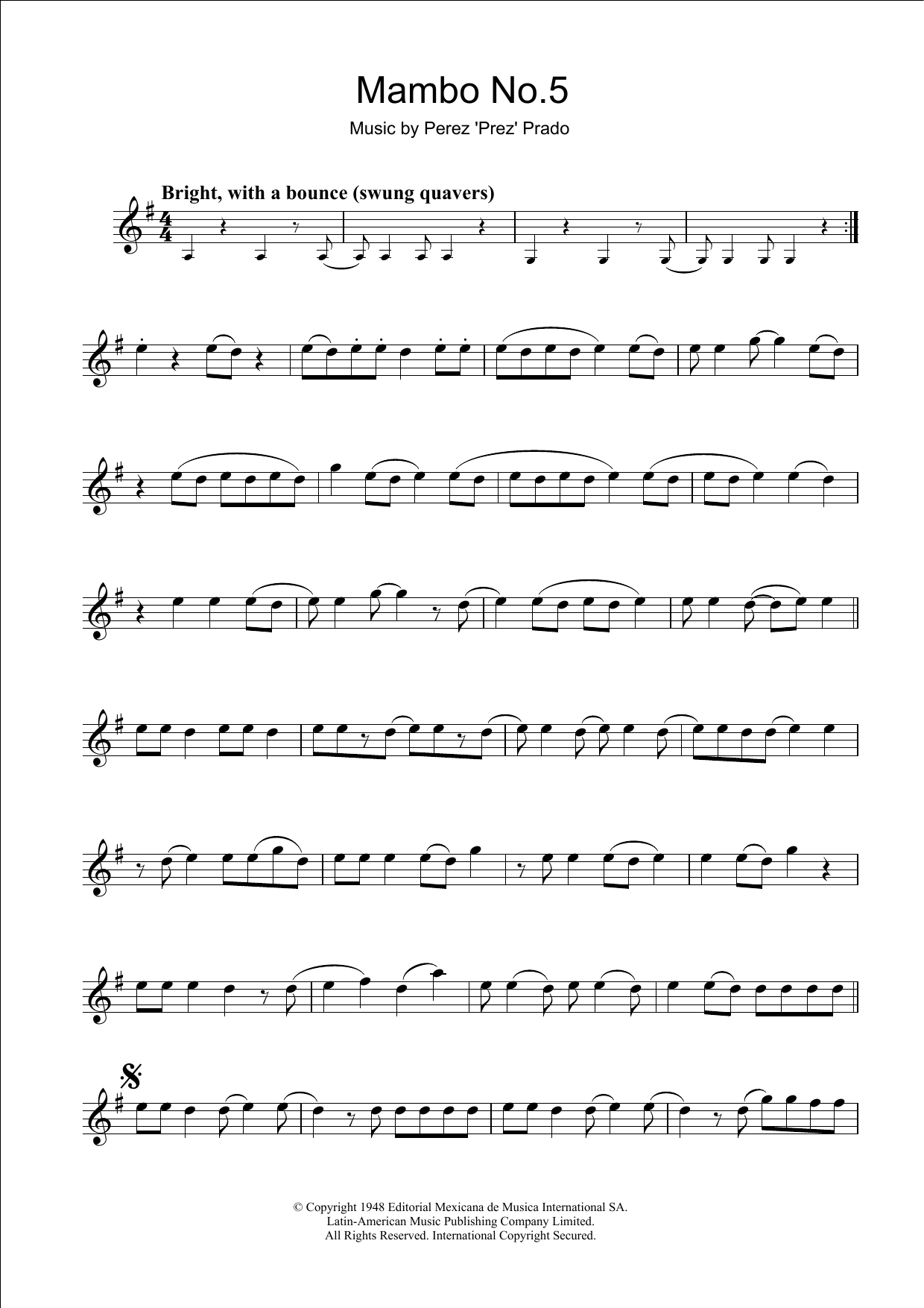 Perez Prado "Mambo No. 5" Sheet Music & Chords | Download 3-Page Printable PDF Easy Piano Score ...
