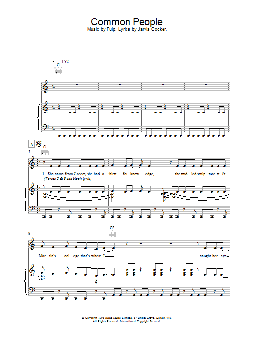 Pulp "Common People" Sheet Music & Chords | Download 2-Page Printable ...