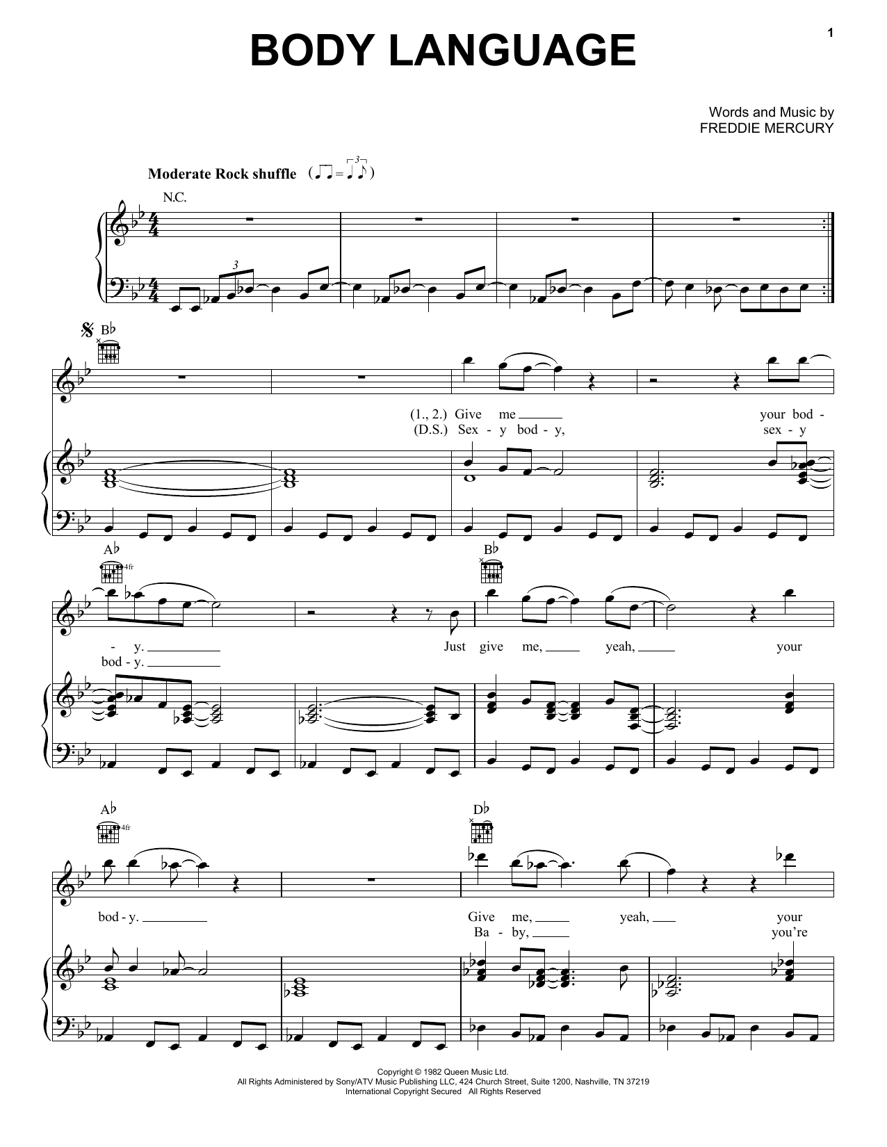Queen "Body Language" Sheet Music Notes | Download Printable PDF Score ...