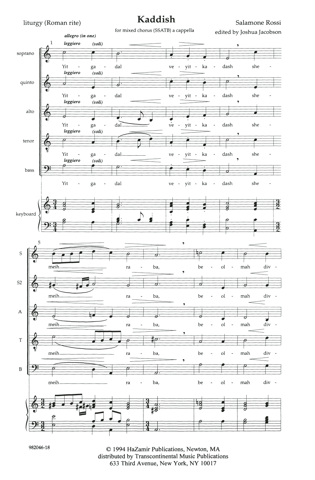 Salamone Rossi "Kaddish" Sheet Music Notes | Download Printable PDF ...