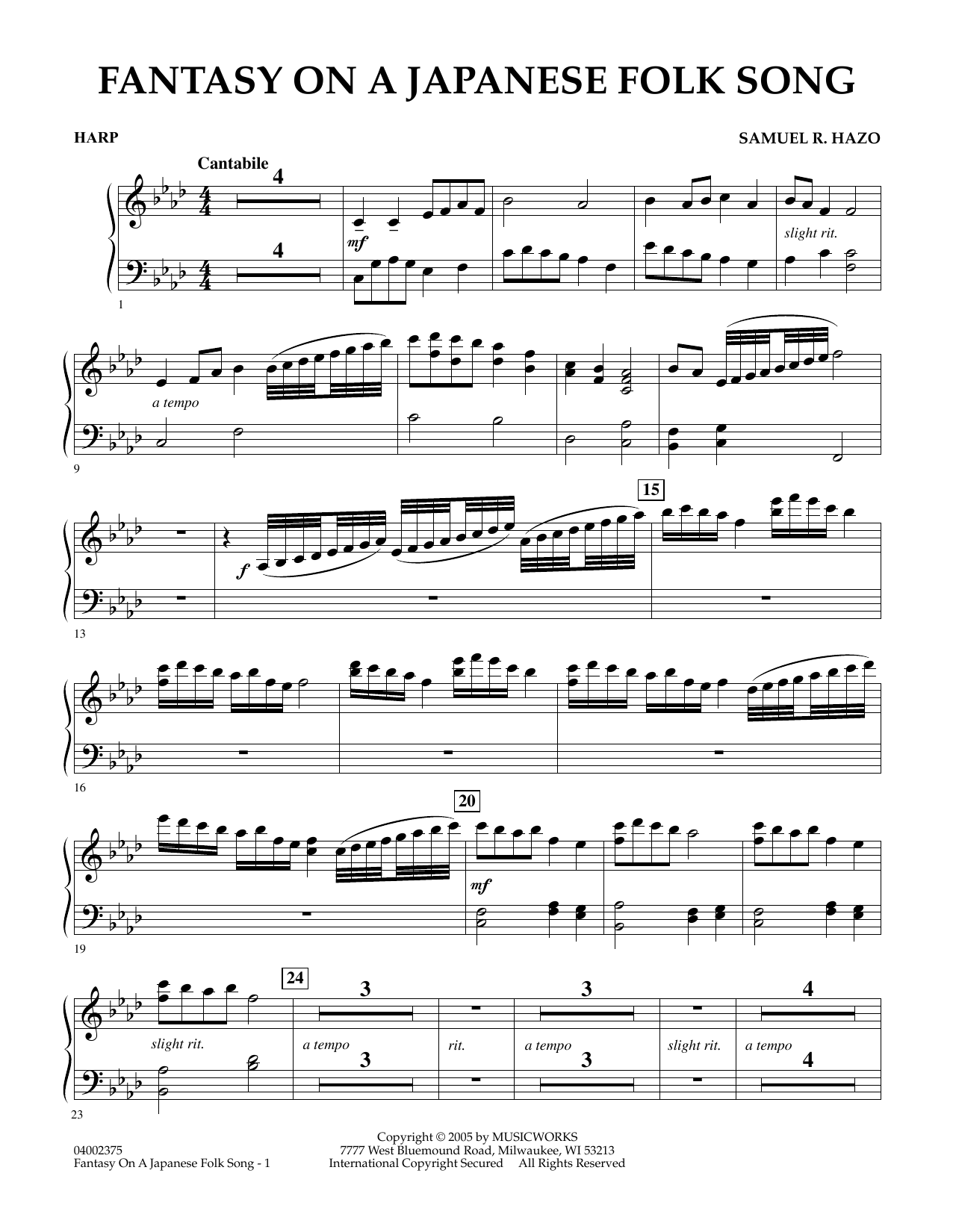 Samuel R. Hazo "Fantasy On A Japanese Folk Song - Harp" Sheet Music ...