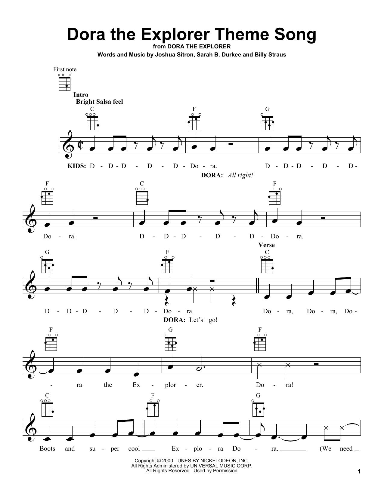 Sarah B. Durkee "Dora The Explorer Theme Song" Sheet Music Notes ...