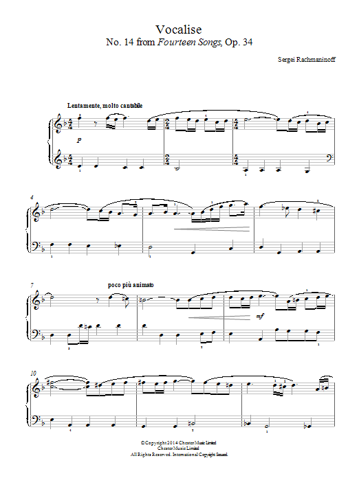 Sergei Rachmaninoff "Vocalise (No.14 from Fourteen Songs, Op.34)" Sheet ...