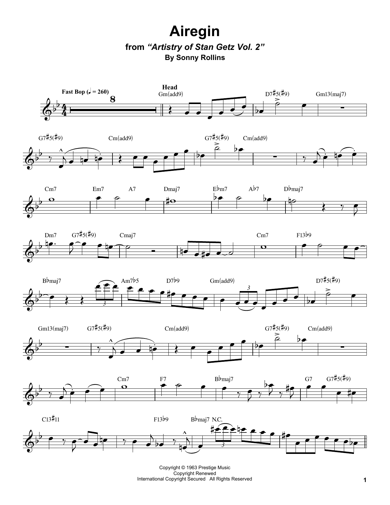 Stan Getz "Airegin" Sheet Music & Chords | Download 8-Page Printable ...