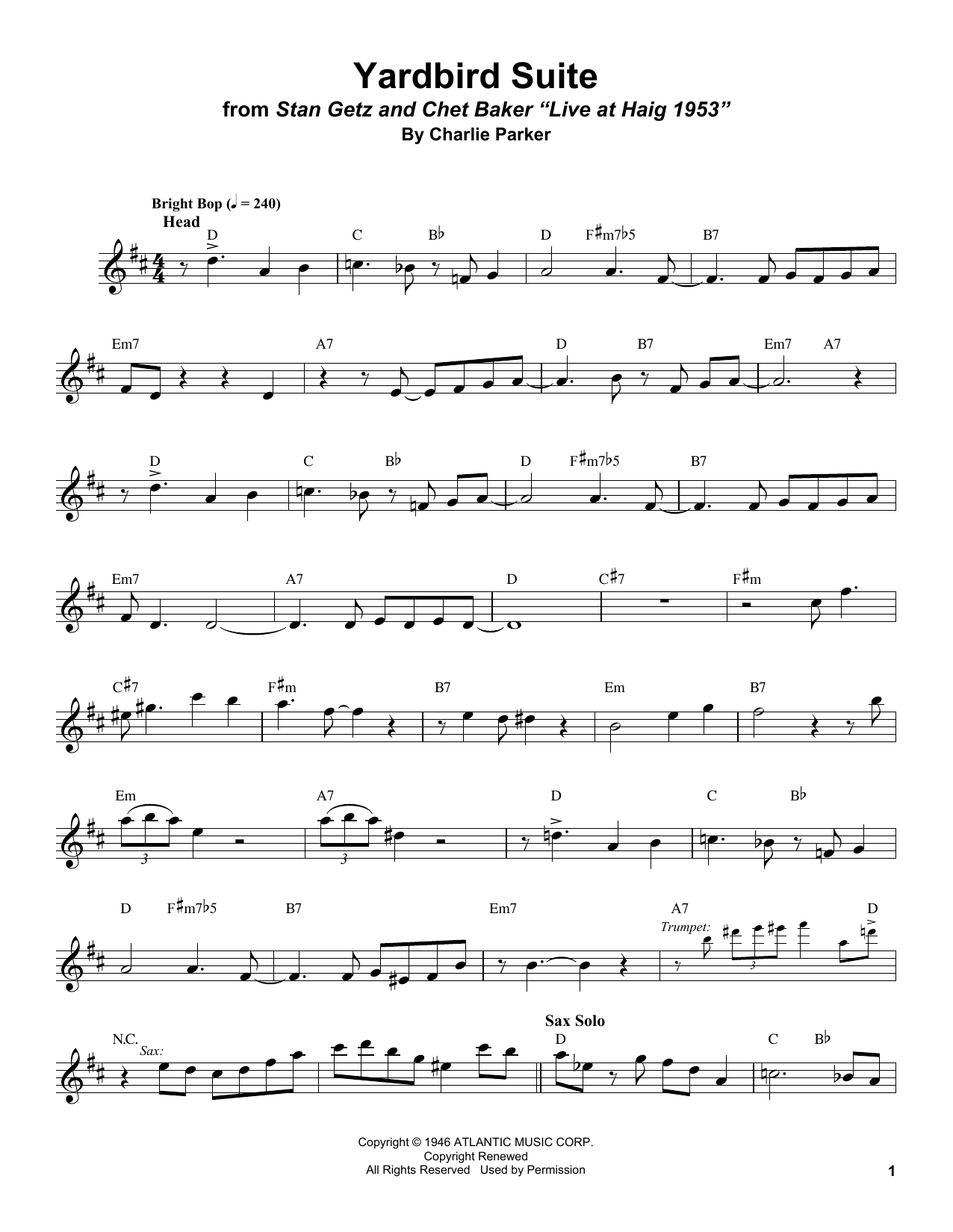 Stan Getz "Yardbird Suite" Sheet Music & Chords | Download 6-Page Printable PDF Tenor Sax ...