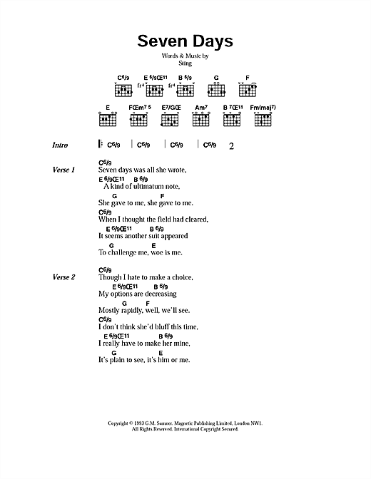 Sting Seven Days Sheet Music Notes Download Printable Pdf Score 33258