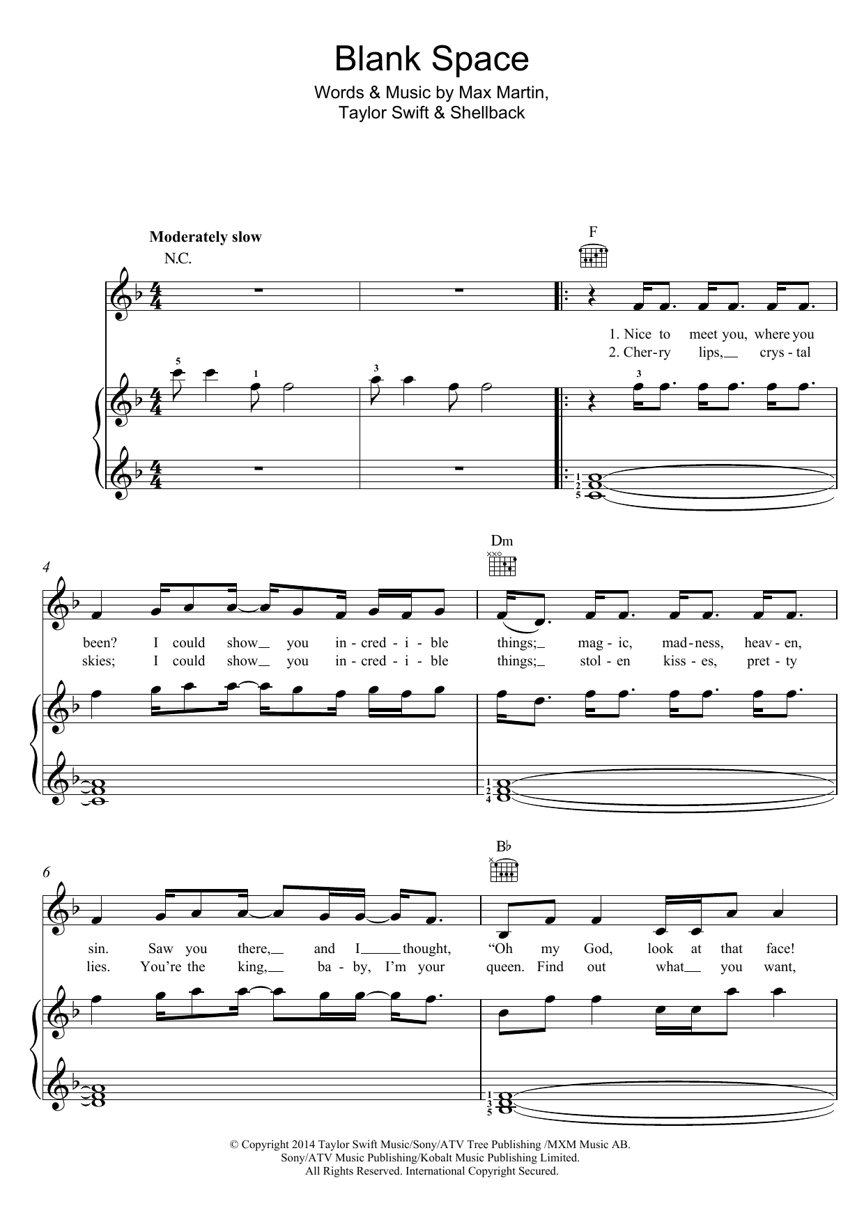 Taylor Swift "Blank Space" Sheet Music & Chords | Download 3-Page ...