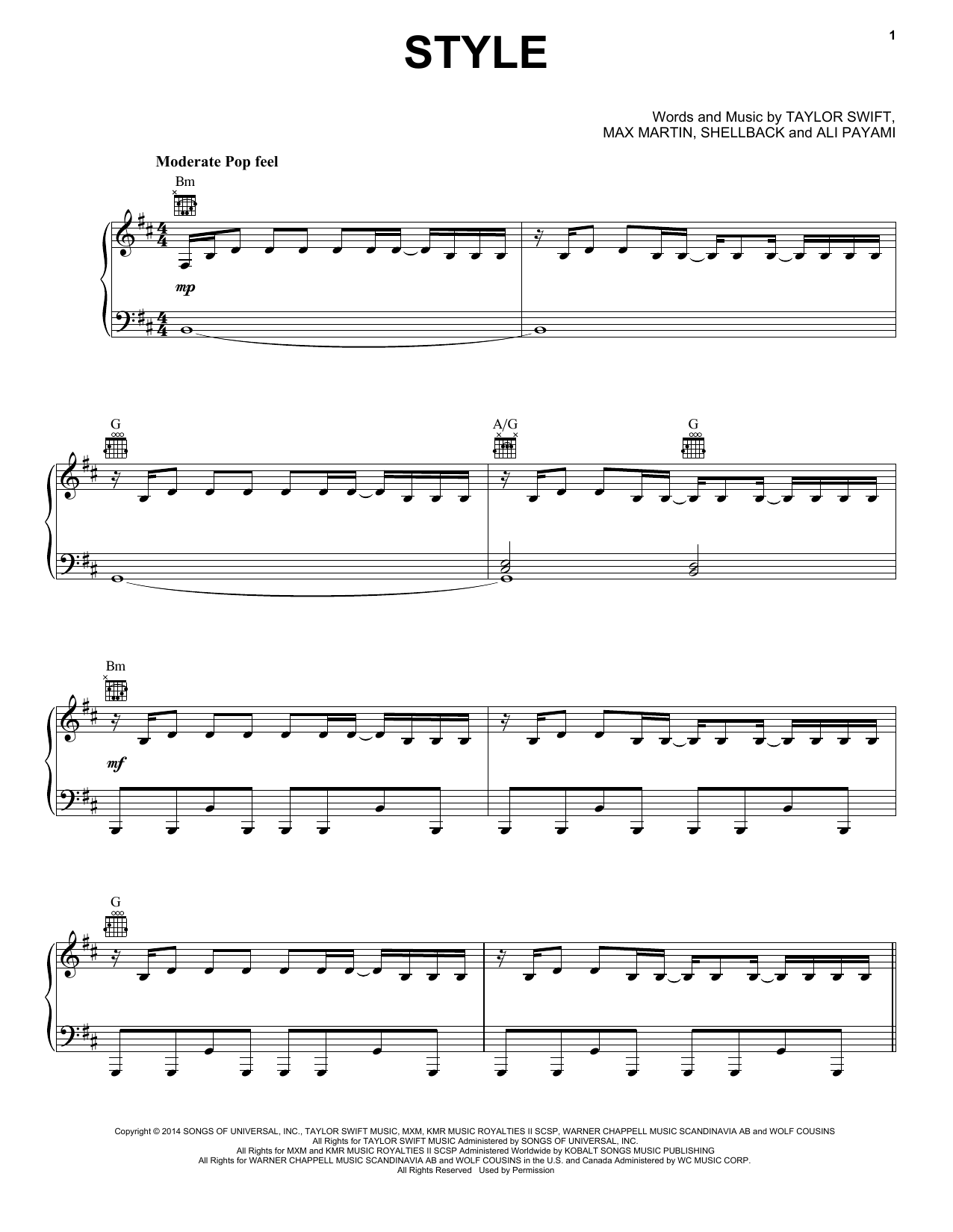 Taylor Swift "Style" Sheet Music & Chords | Download 7-Page Printable ...